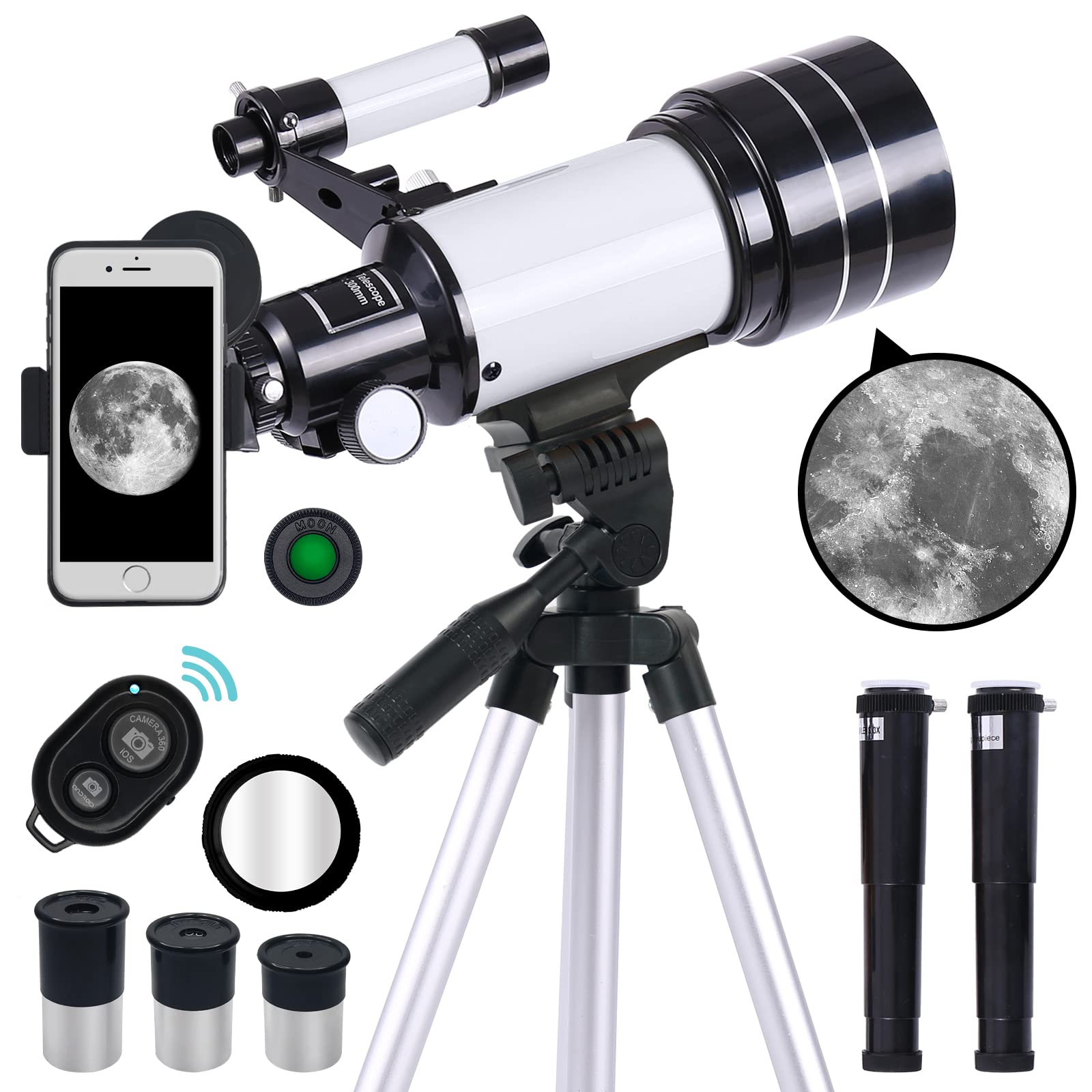 Telescope for Adults & Kids, 300mm Focal Length Refractor Telescope, 70mm Aperture Professional Astronomy Refractor Telescope for Beginners, Phone Adapter & Wireless Remote (White)