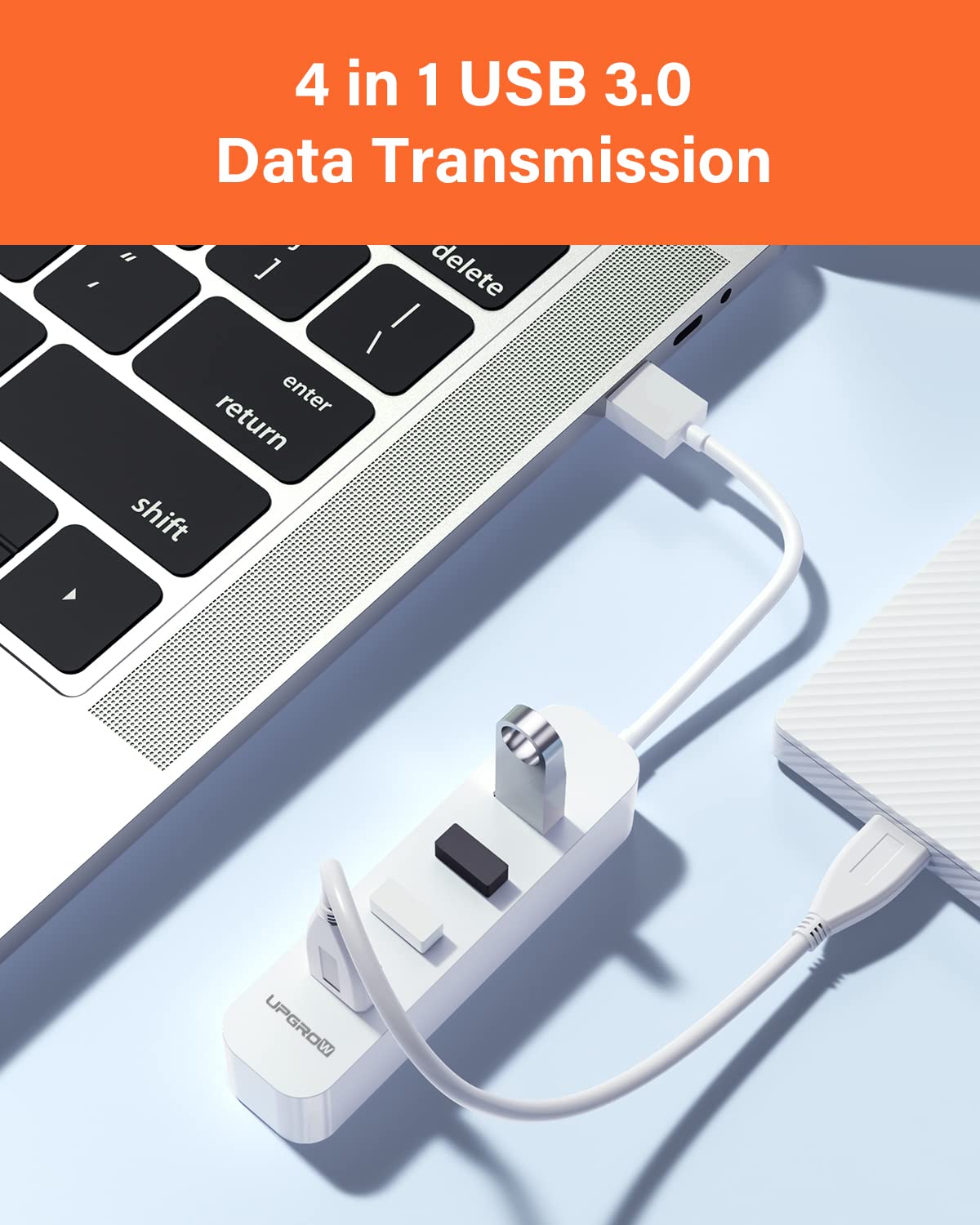 Upgrow USB 3.0 Hub 4-Port USB Hub with 5 Gbps USB Splitter for Laptop MacBook, Mac Pro, Mac Mini, iMac, Surface Pro, XPS, PC, Flash Drive, Mobile HDD-White