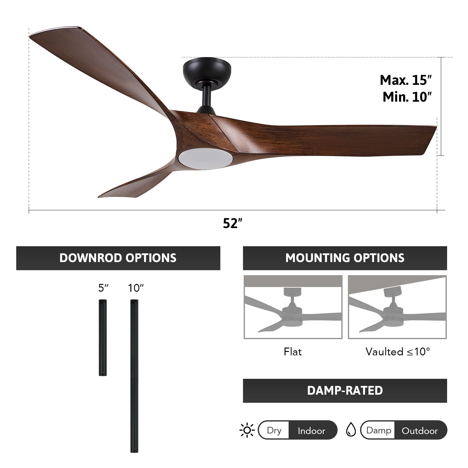 VONLUCE 52" Industrial Ceiling Fan No Light with Remote Control, Mid Century Ceiling Fans with 3 Walnut ABS Blades DC Motor, Indoor Ceiling Fan for Kitchen Bedroom Living Room, Walnut