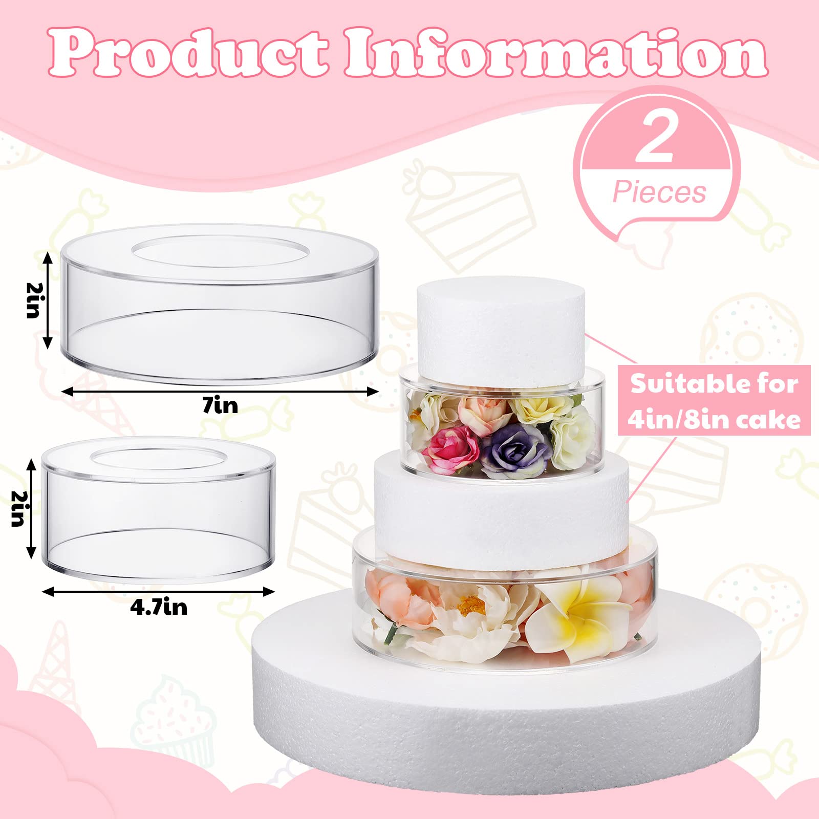 Weysat 2 Pcs Acrylic Fillable Cake Stand 7 Inch and 4.7 Inch Clear Cake Riser Round Cake Tier Decorative Cylinder Stand for Wedding Birthday Party(7''D x 2''H, 4.7''D x 2''H)