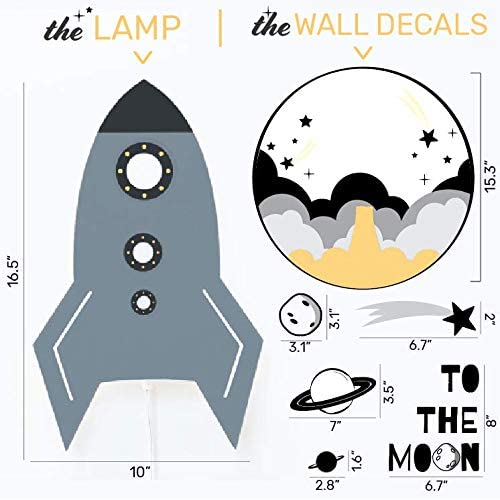SMART WALLABY Wall Lamp & Decals Set for Kids. Spaceship Shaped LED Night Light Sconce + Space Theme Wall Stickers. Quick, Easy & Modular Nursery or Kids Room Décor Upgrade