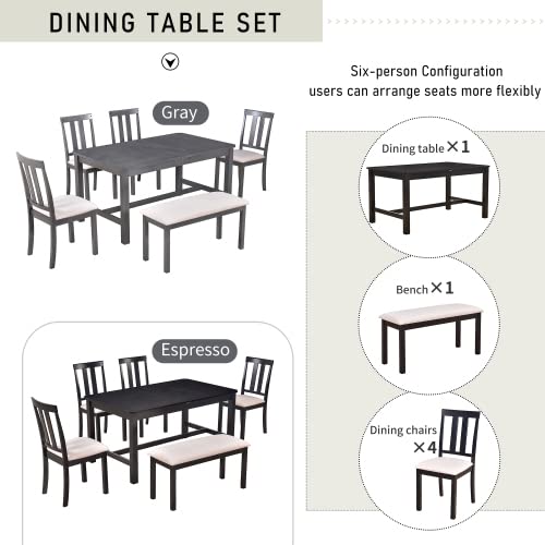 TREXM Six-Person Rubber Wood & MDF Boards Dining Table Set Four Chairs A Bench Adjustable Table Length with Hidden Flip Leaves (Espresso)