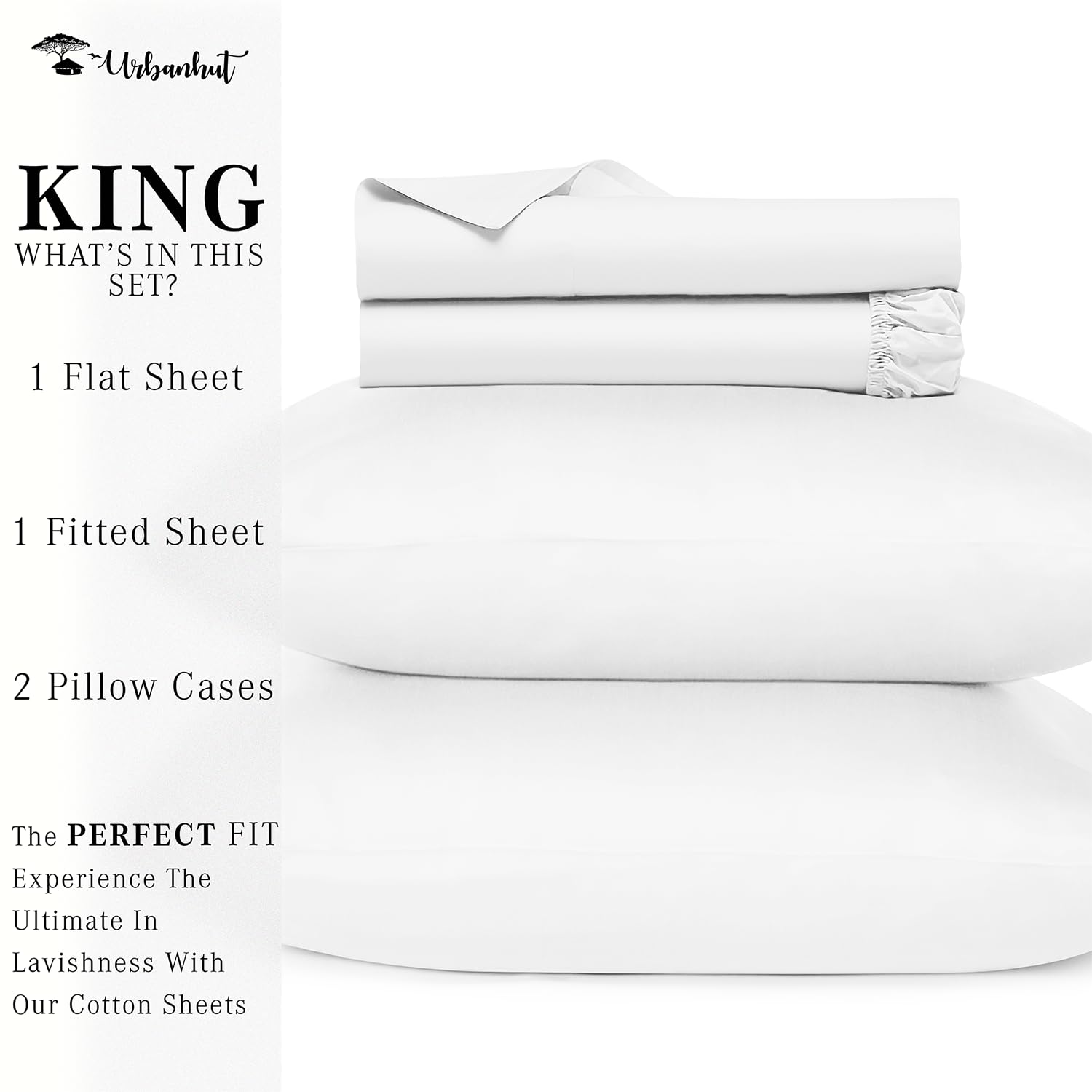 URBANHUT 800 Thread Count Egyptian Cotton Sheets King Size, Long Staple Bed Sheets, 4 Pc Bed Sheet Sets for King Size Bedding, Sateen Weave Luxury Hotel Bed Sheets Fits 16" Deep Pocket - White