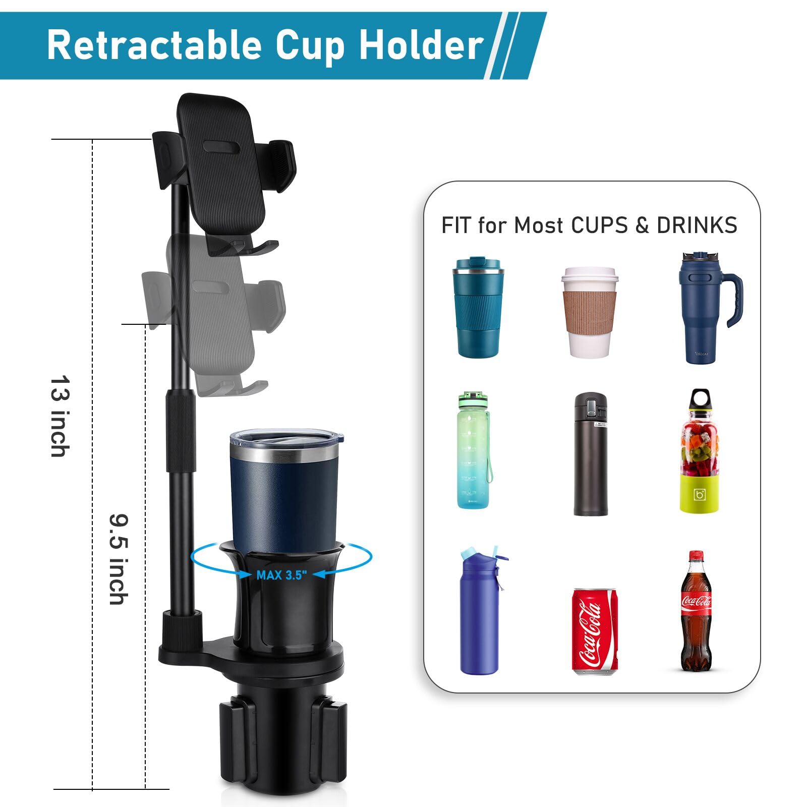 Uncaddn 2 in 1 Cup Phone Holder for Car, Stretchable Long Neck, Compatible with iPhone 14 Pro Max, Galaxy S10 Plus, and More