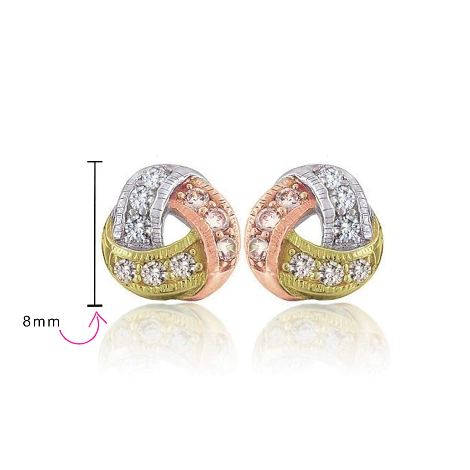 Tri Color Twisted Love Knot Pave Cubic Zirconia CZ Stud Earrings For Women Rose Gold Plated .925 Sterling Silver