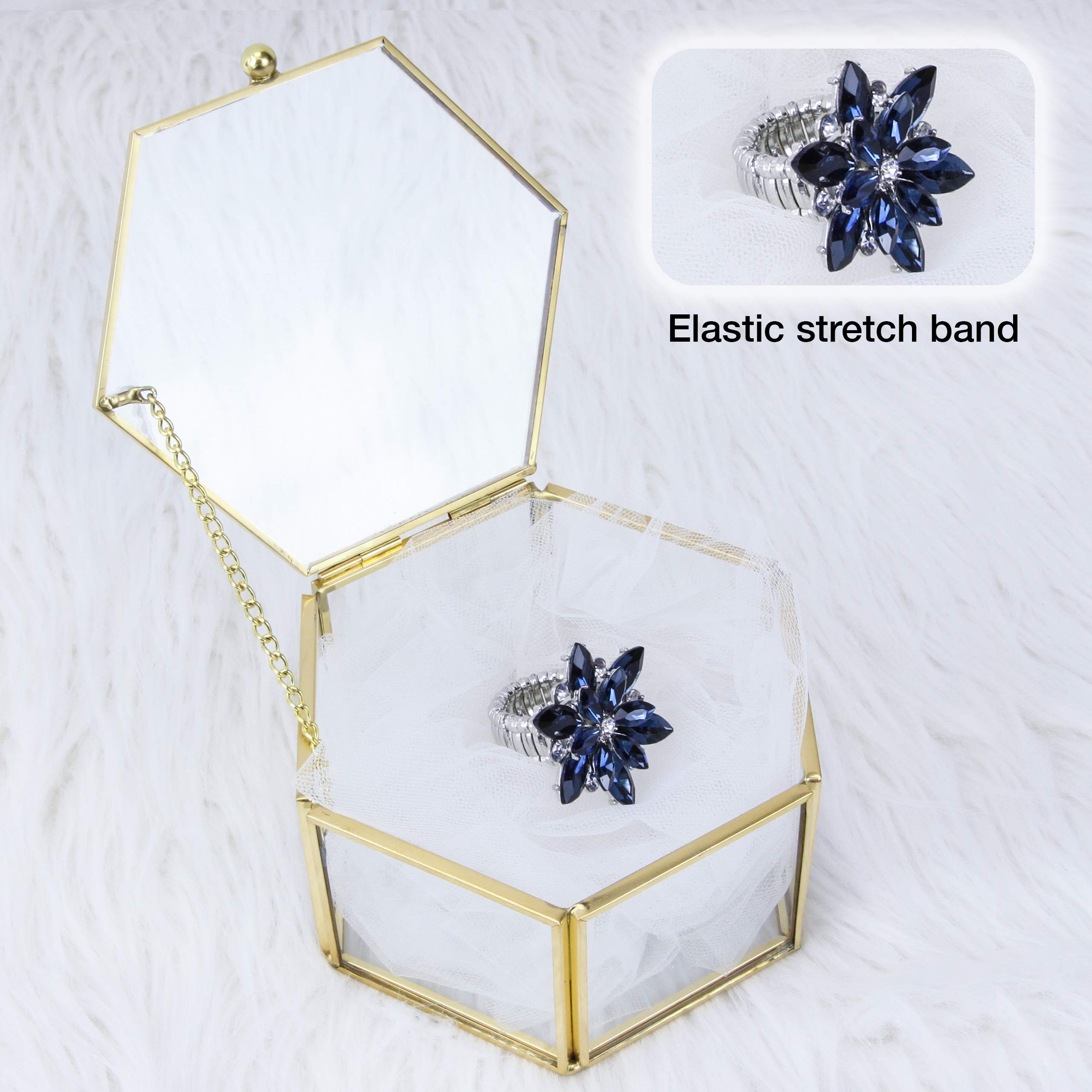 SP Sophia Collection Women's Sparkly Flower Burst Crystal Cluster Stretch Ring in Navy