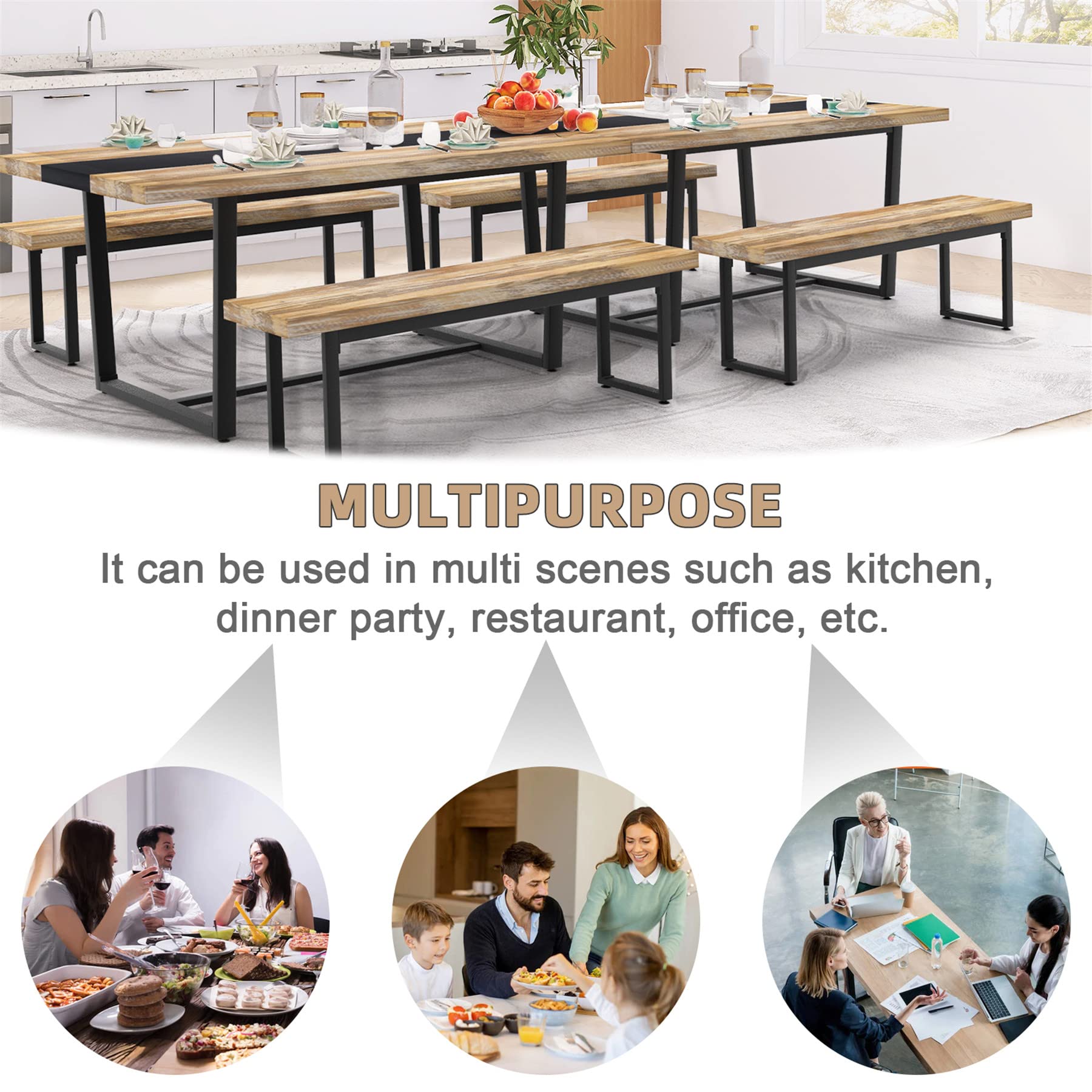 STHOUYN 71β 6ft Dinner Table Set for 6 8 12 Seat Dining Room Table with Bench, Rectangular Farmhouse Modern Kitchen Long Table, Black & Brown Industrial Dining Conference Table (3 Piece 71")