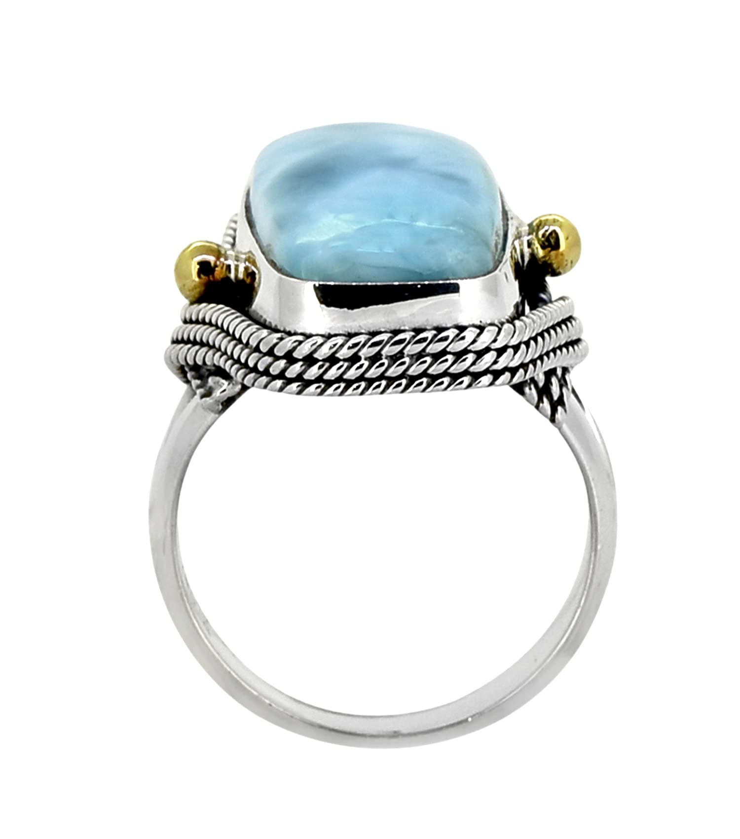 YoTreasure 11x22 MM Larimar Chunky Ring .925 Sterling Silver with Brass Accents