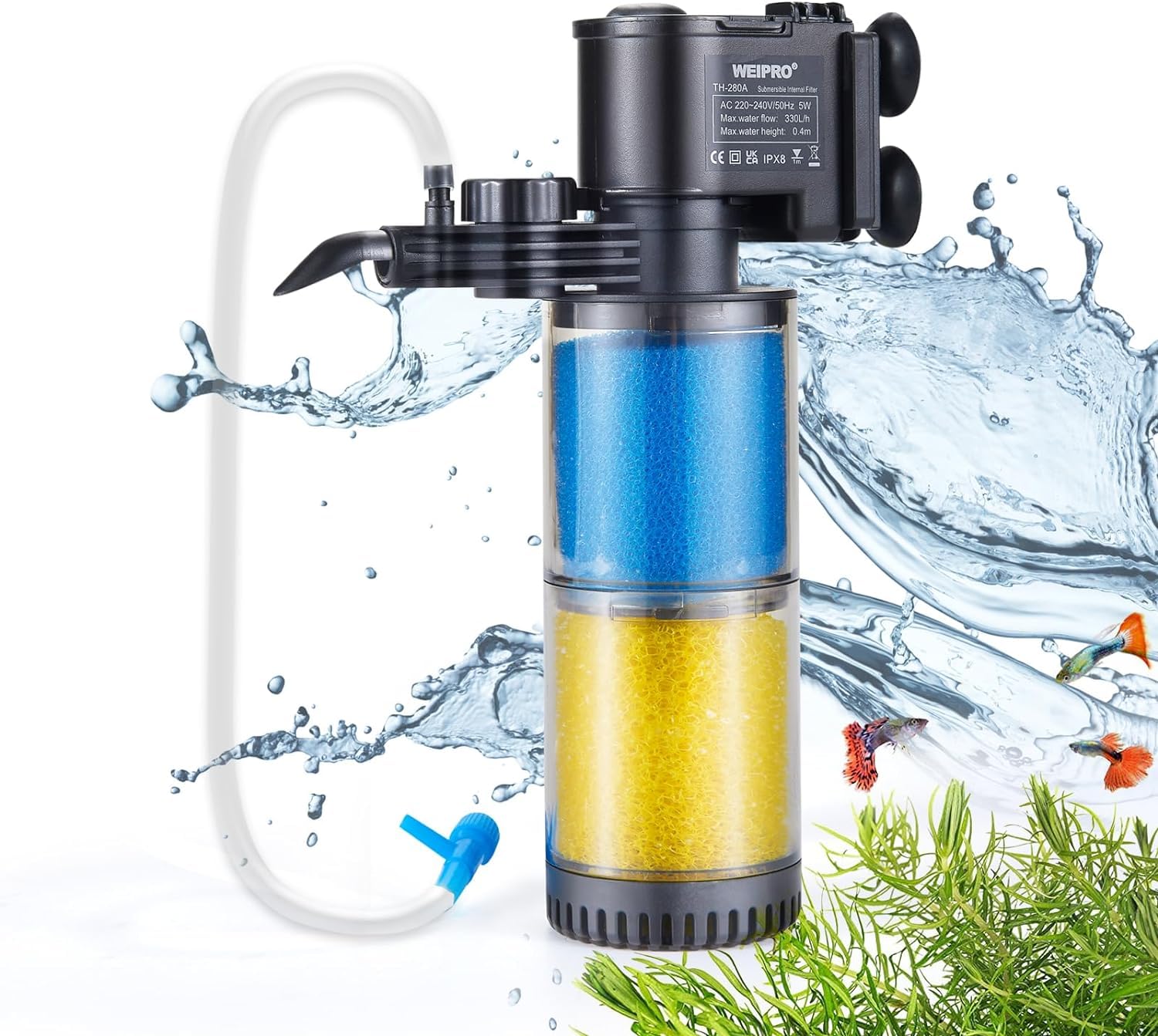 Weipro Aquarium fish tank filter,Submersible fish tank filter with pump, power filter for fish tanks, aquariums, ponds. with 3 stage filter media and strong suction cups (10-40gallon&Height 8.2inch)