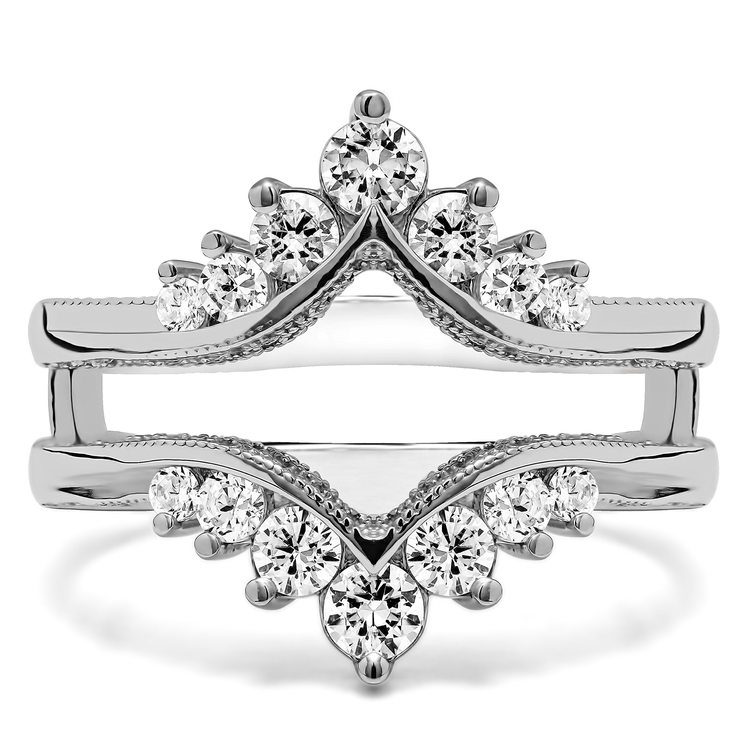 TwoBirch Sterling Silver Chevron Vintage Ring Guard with Millgrained Edges and Filigree Cut Out Design With Cubic Zirconia (0.74 ct., Size 9)