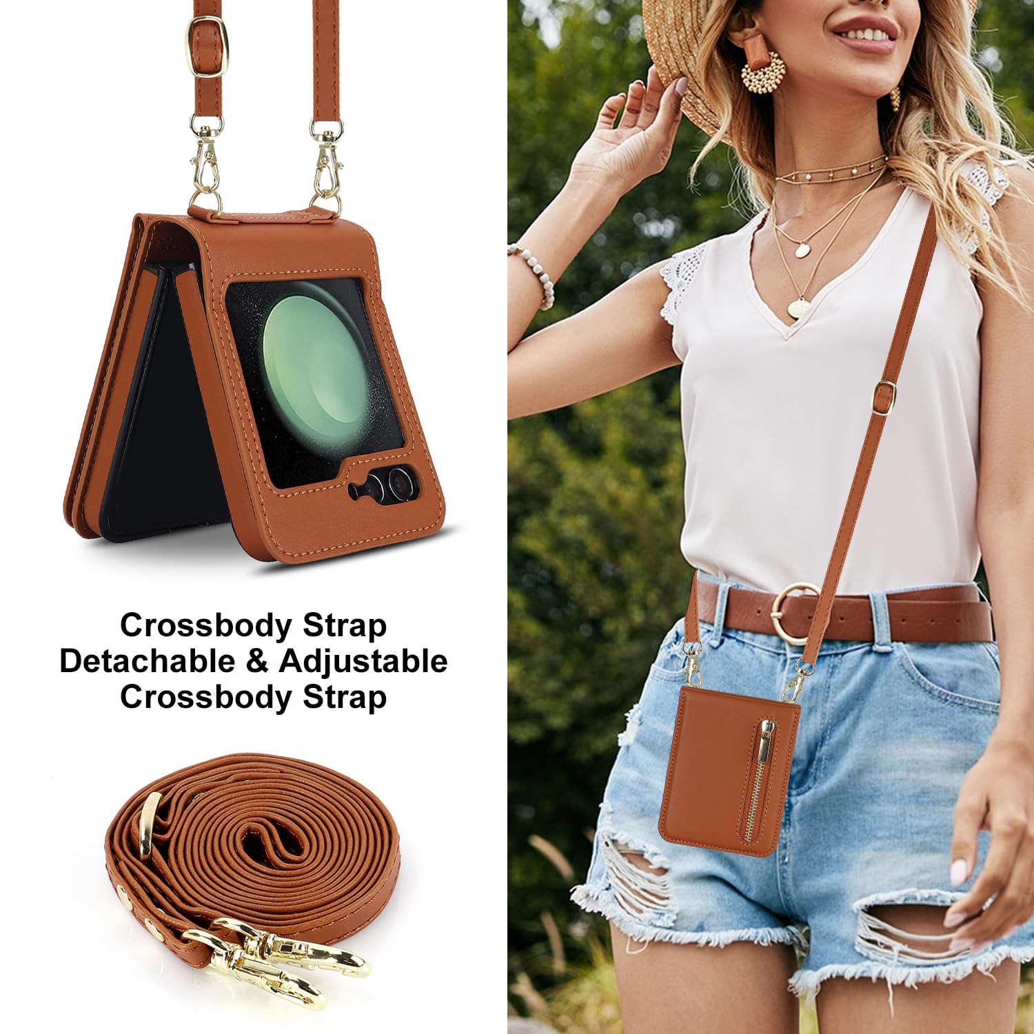 XIMAND for Samsung Galaxy Z Flip 5 Luxury Zipper Wallet Phone Case, Multi-Function Kickstand Card Holder Adjustable Crossbody Strap, Fashion Flip Case.(Brown)