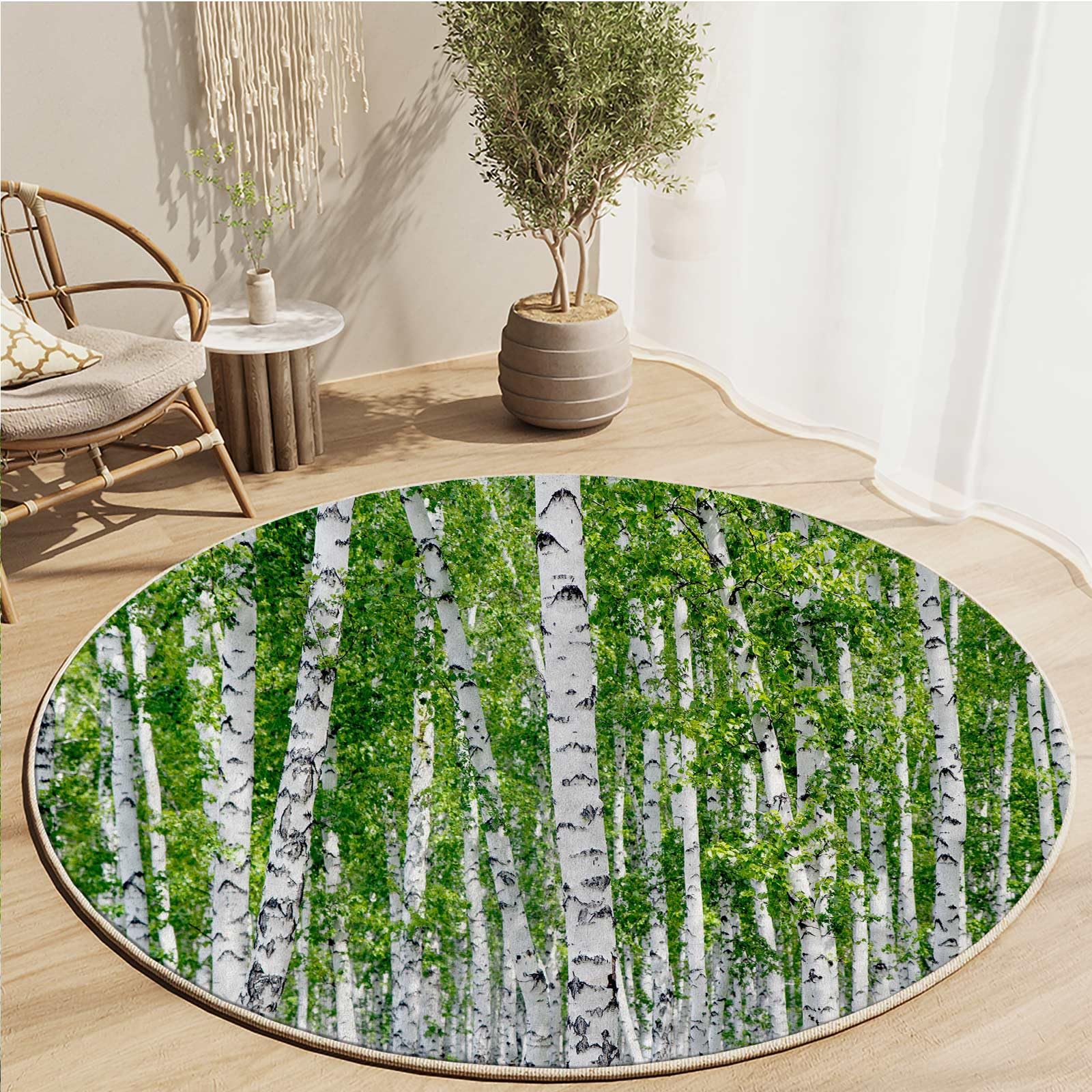 Round Office Desk Chair Mat Birch Tree Anti-Slip Floor Protector Mat Green White Black Chair Mat for Hardwood Floor & Tile Floor 4 FT