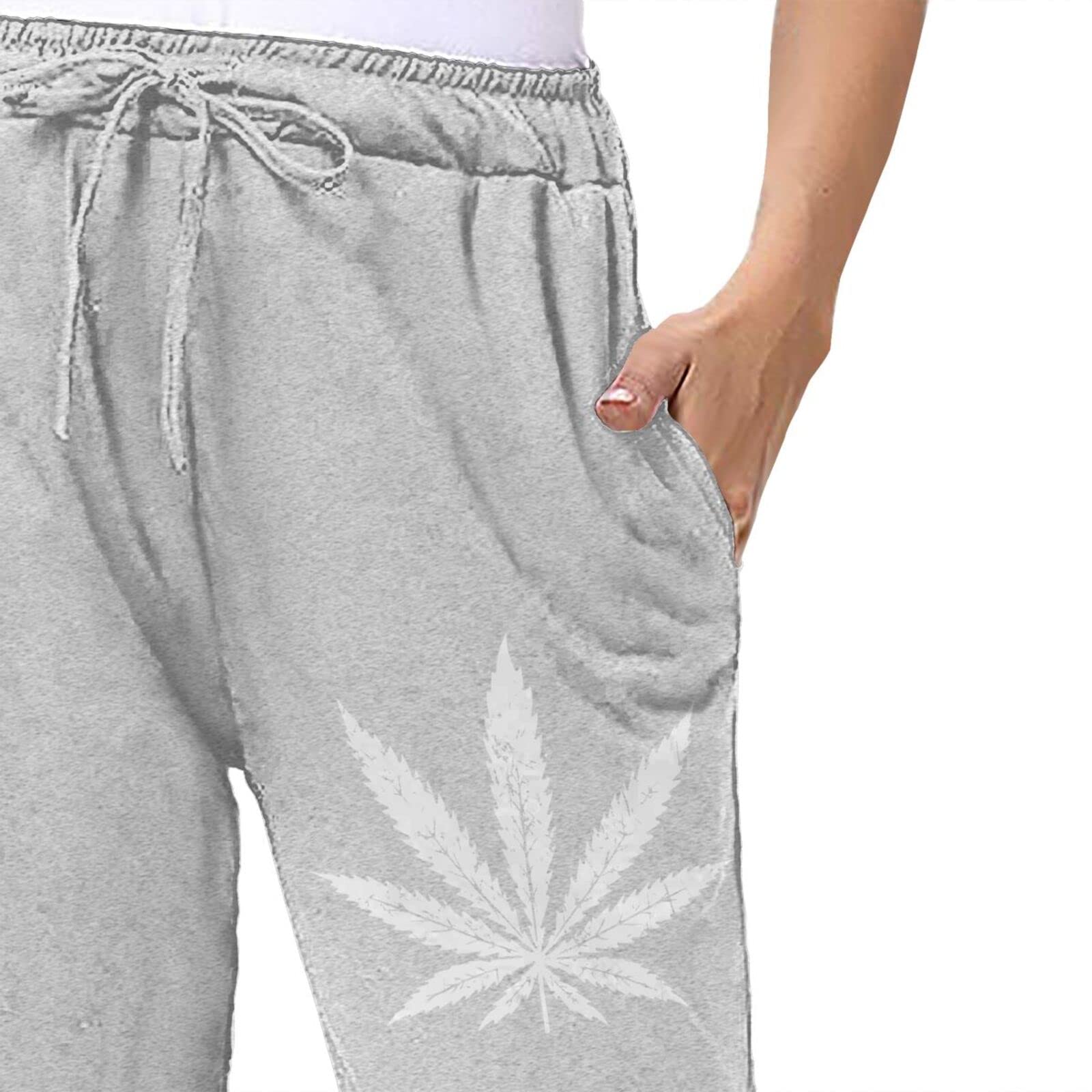 White Weed Leaf Women's Casual Yoga Sweatpants Athletic Workout Elastic Waist Jogger Pants Large