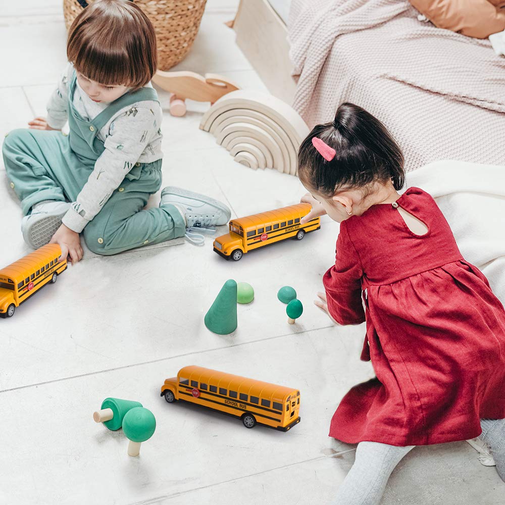 Think Wing School Bus Toy for Toddlers, 8.5 inch Die Cast Pull Back Cars Yellow Bus Play Vehicles with Sounds and Light