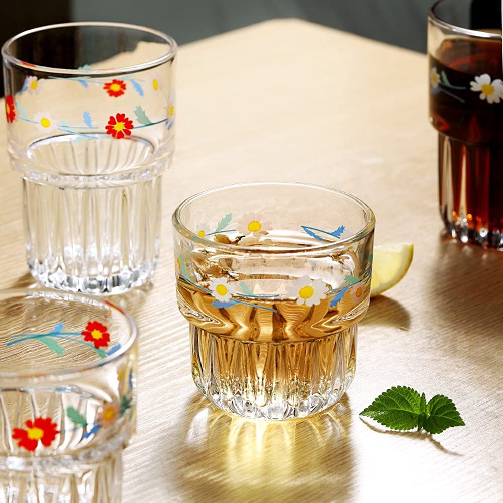 yaocoral Set of 2 Daisy Glass Coffee Cup Cute Drinking Glasses Stackable Daisy Glass Cups for Juice,Iced Coffee,Milk,Tea,Dessert,Flower Glassware Drinkware Set(blue)
