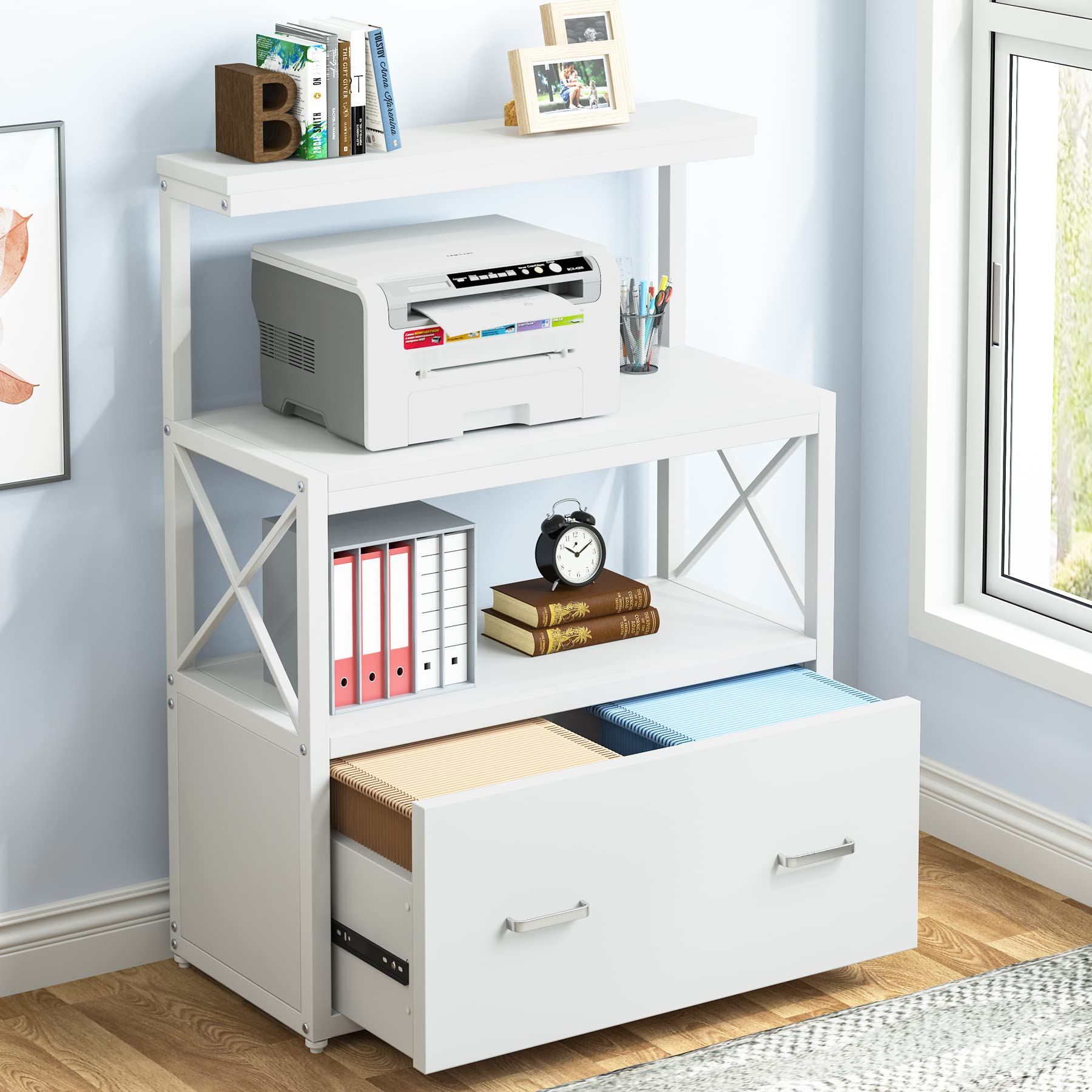 Tribesigns Lateral File Cabinet Modern Filing Cabinet with 1 Large Drawer, Printer Stand with 3 Open Storage Shelves for Home Office
