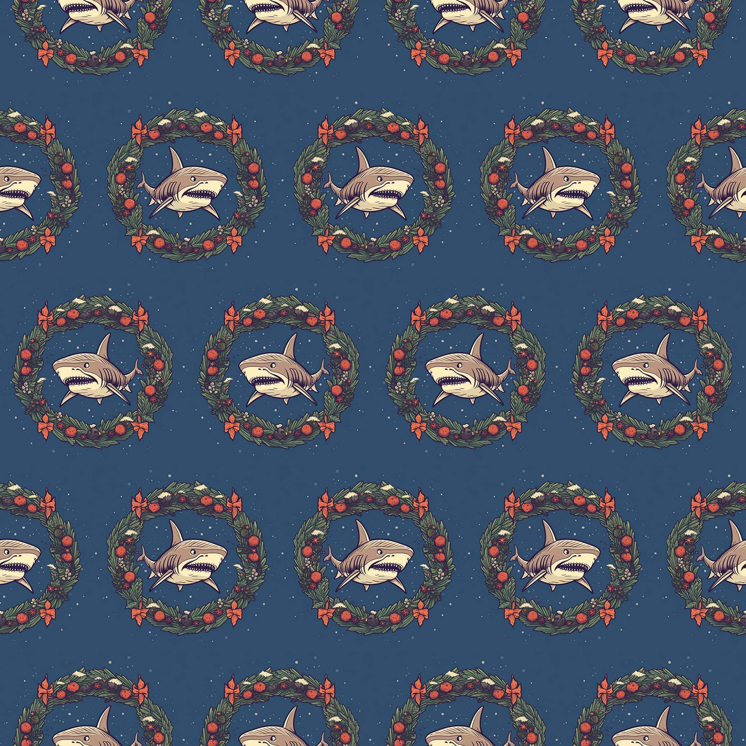 Shark Wreath Christmas Wrapping Paper, Christmas Holiday Gift Wrap, Ocean Animal Theme Party Decor (20 inch x 30 inch sheet)