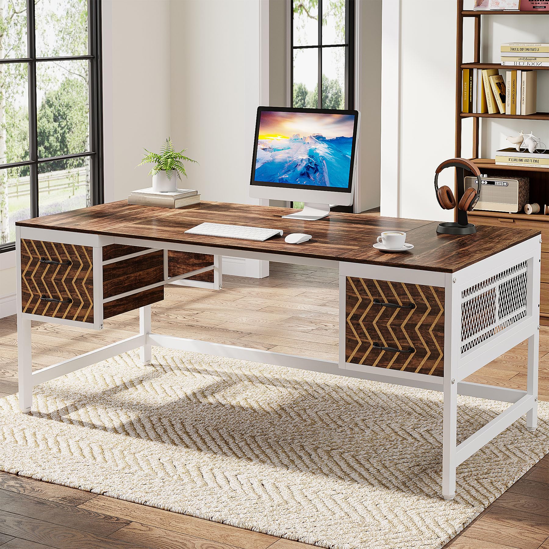 Tribesigns Computer Executive Desk with Drawers: Wood 63" Computer Desk with 4 Storage Drawers, Farmhouse Study Writing Table, Herringbone Business Furniture for Home Office, Brown and White