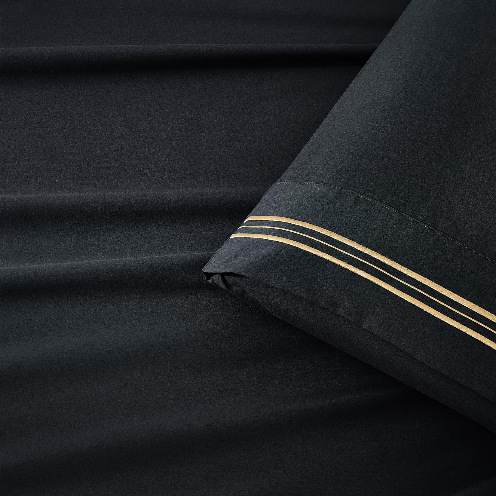 WODFAMY Microfiber Full Size Bed Sheet Set Extra Soft Deep Pockets Luxury Hotel Bed Sheets Breathable & Cooling Wrinkle Free 4 Piece Set Fulls Sheets Black&Gold