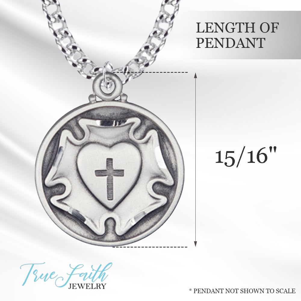 TrueFaithJewelry Sterling Silver Luther's Rose Lutheran Cross Medal Pendant Necklace, 3/4 Inch