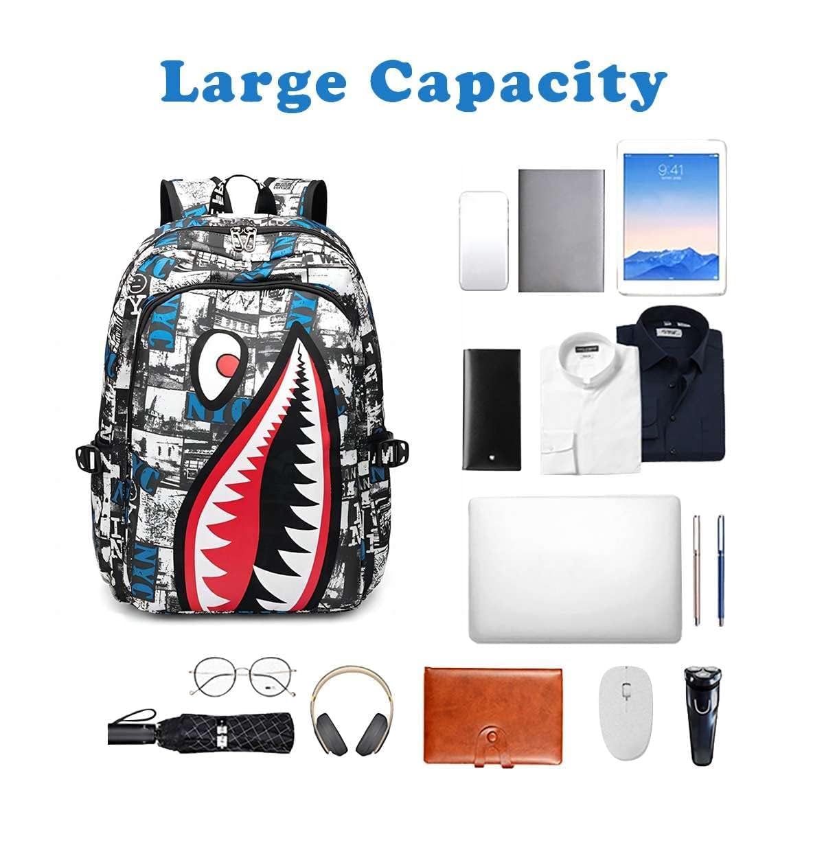 XKJFOTCY Shark Backpack for Boys, Fashion Multi-Functional Teens Bookbag, Laptop Backpack, Casual Daypack