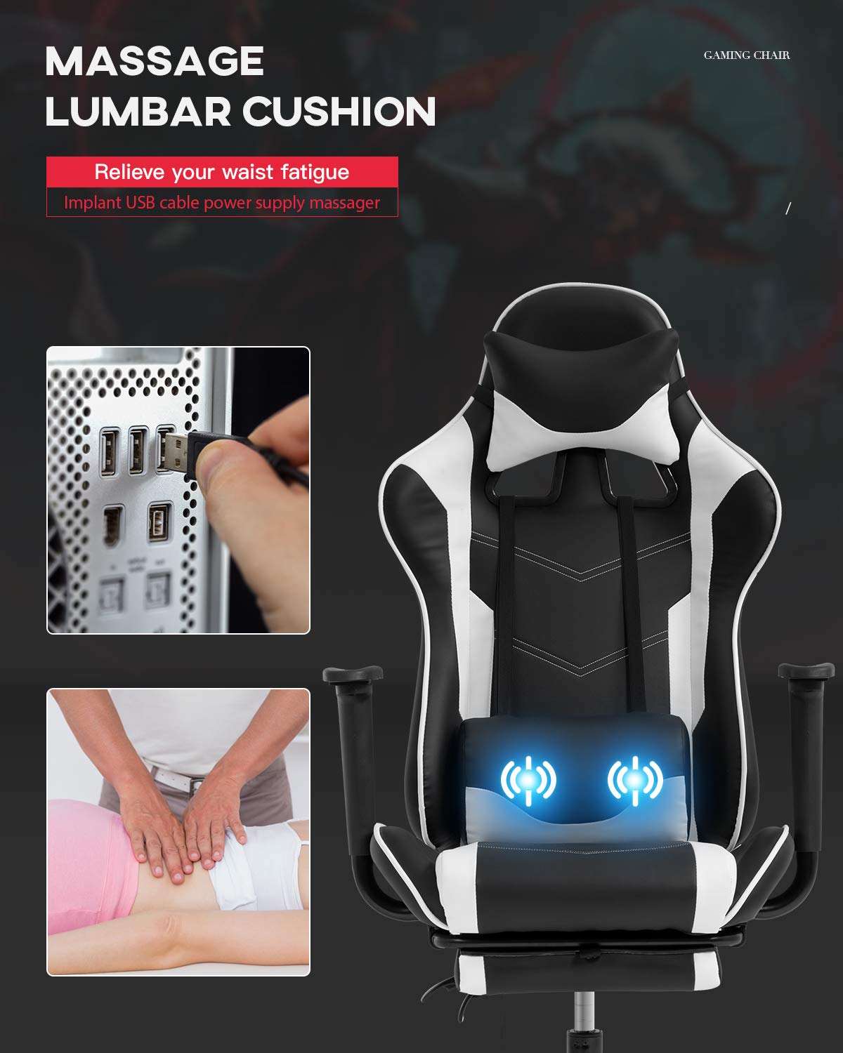 Vnewone Computer Gaming Chair Office PC Ergonomic Home Executive Desk Racing Rolling Swivel Task Adjustable High-Back PU Leather with Lumbar Support Footrest Headrest Armrest Massager, White