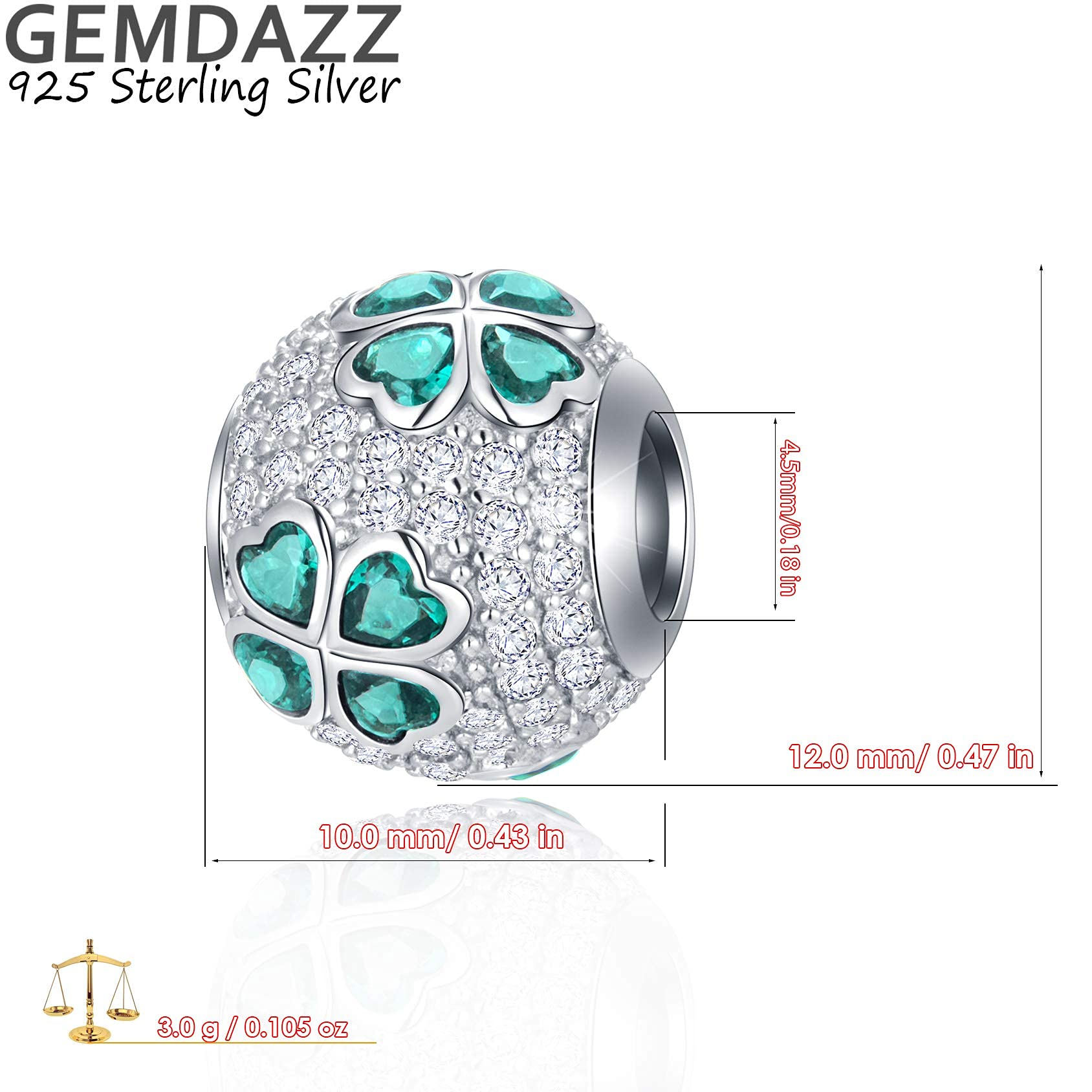 Sparklig Pave Green 4 Leaf Clover Charms in 925 Sterling Silver, Irish Shamrock CZ Round Ball Beads fit Pandora St Patricks Bracelet, Gift for Mothers Day/Valentines