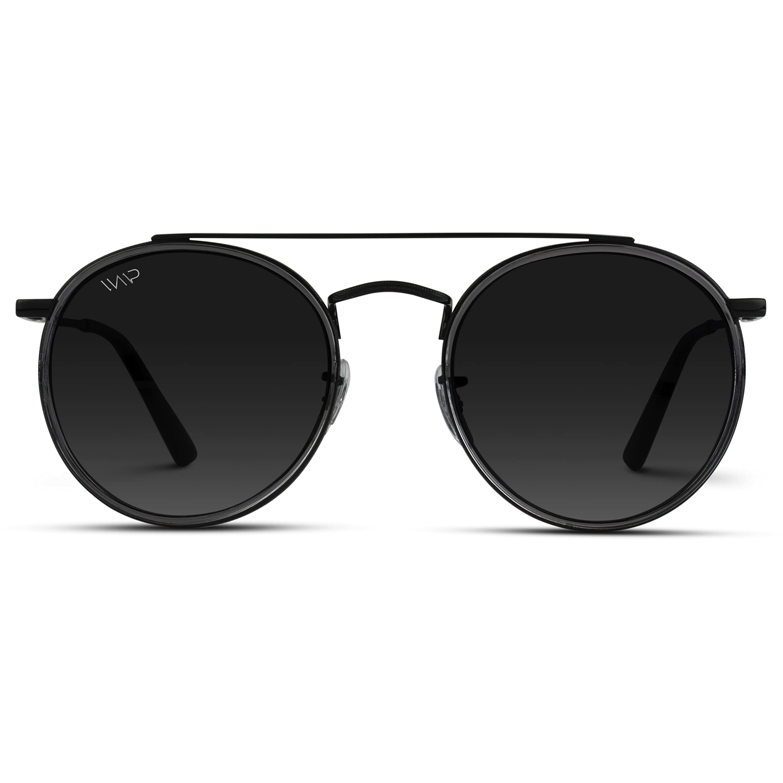 WearMe Pro - Round Double Bridge Polarized Modern Retro Sunglasses (Black Frame/Black Lens, 53)