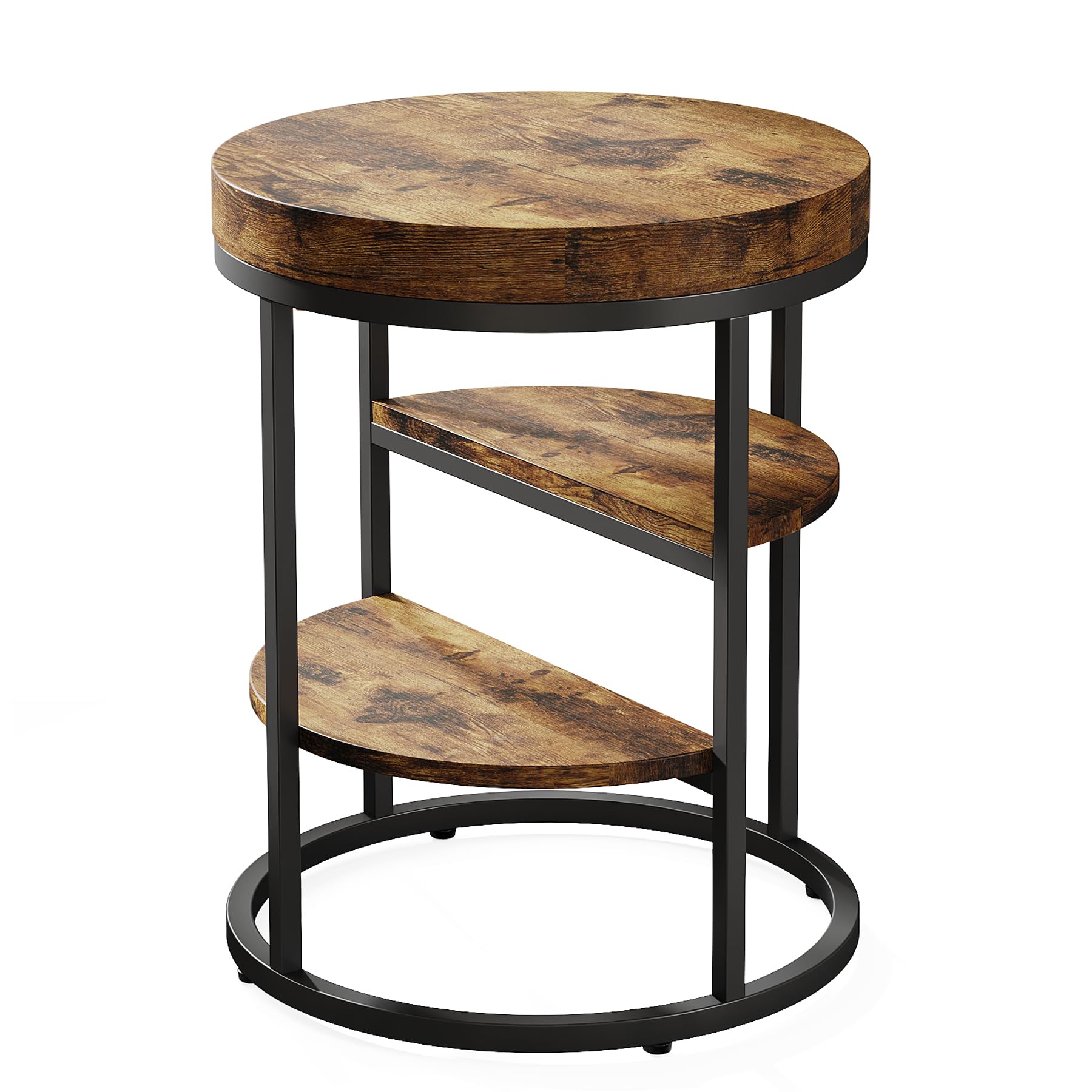 Tribesigns Round End Table, Small End Table with 3 Storage Shelves, Wood Side Table for Small Spaces, Industrial Sofa Side Table for Living Room, Rustic Brown Nightstand and Bedside Table for Bedroom