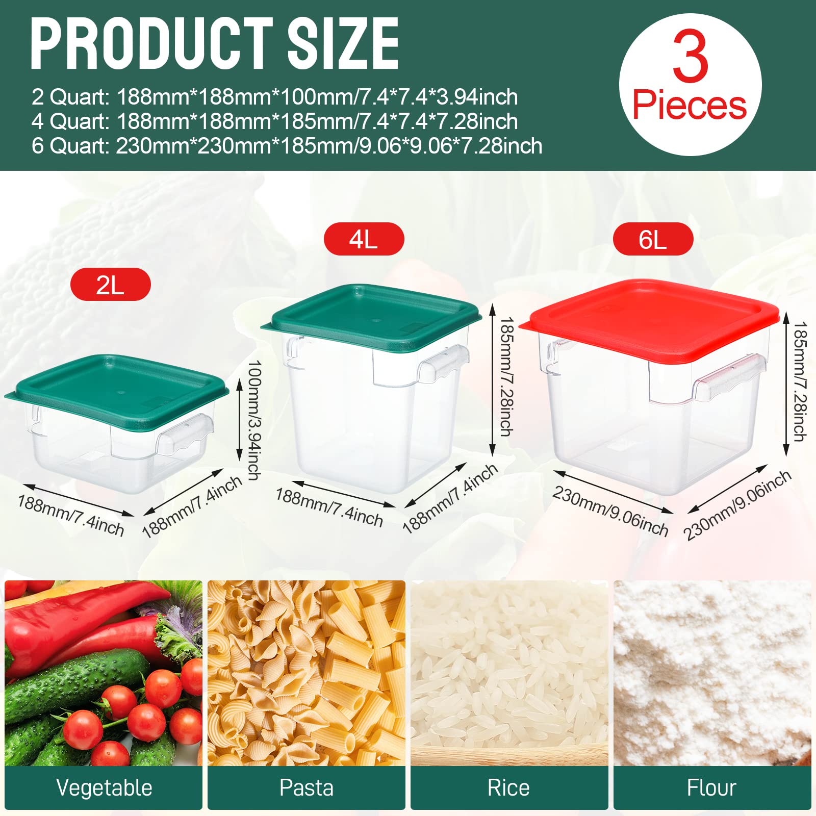 Roshtia 3 Pcs Food Container Sets Food Storage Container 2, 4 and 6 Quart Clear Square Polycarbonate Commercial Storage Container with Lid Space Saving for Home Bread Food Prep Kitchen