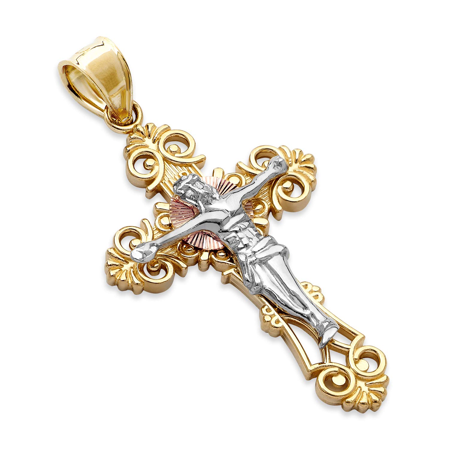 Wellingsale 14K Tri 3 Color Gold Polished Diamond Cut Religious Catholic Gothic Crucifix Charm Pendant