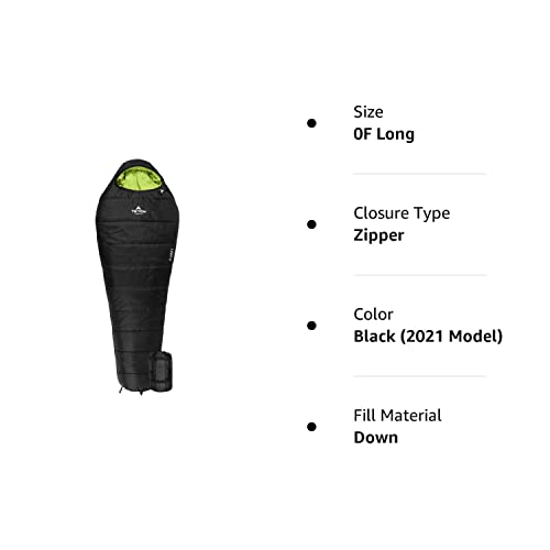 TETON Sports Leef Mummy Sleeping Bag - Lightweight Sleeping Bag for Backpacking, Camping, and Hiking - Cold-Weather Sleeping Bag - Camping Accessory with Drawstring Compression Sack - Long 0℉, Black