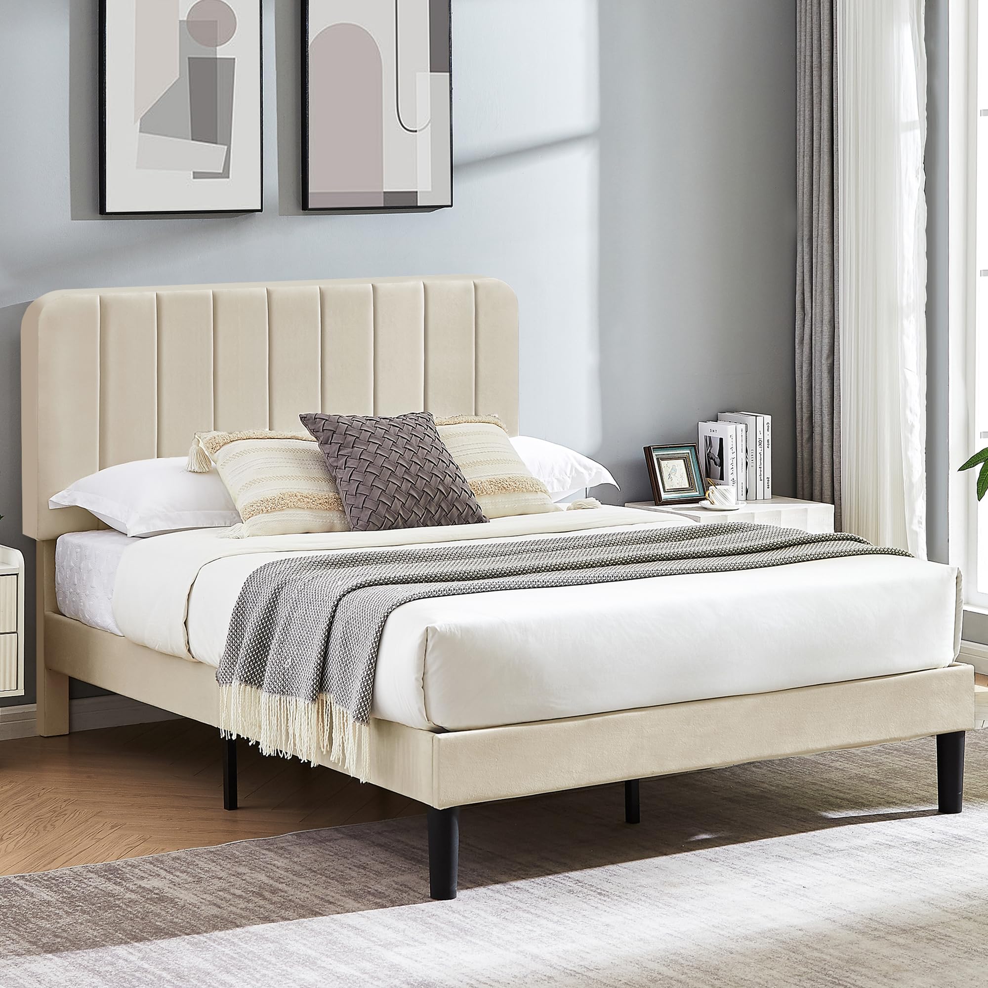 VECELO Queen Size Upholstered Bed Frame with Adjustable Headboard, Velvet Platform Bedframe Mattress Foundation, Strong Wood Slat Support, No Box Spring Needed, Beige