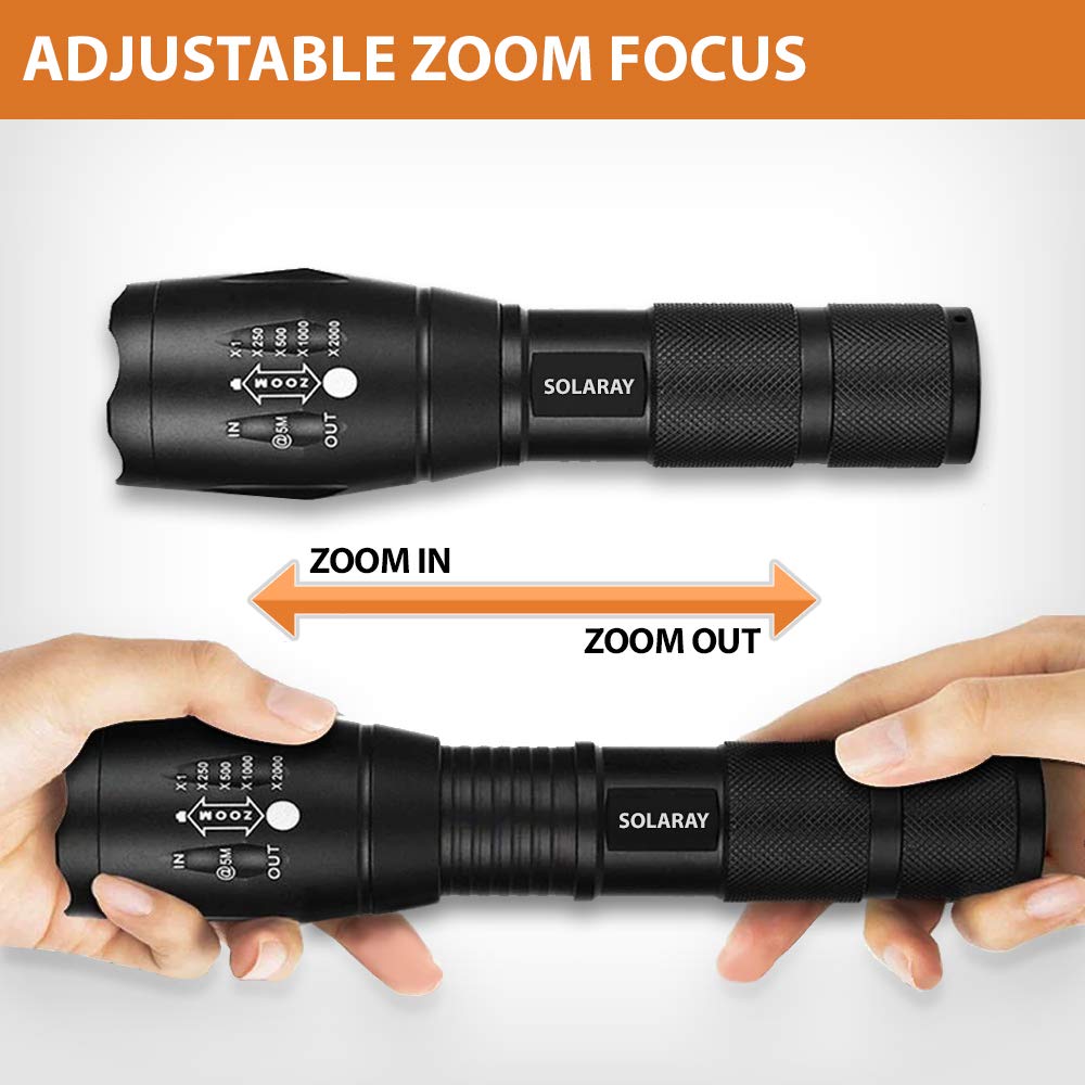 Solaray Handheld LED Tactical Flashlight – Professional Series ZX-1 - Bright High Lumen Flashlight - 5 Light Modes, Adjustable Zoom, Water Resistant - Perfect for Camping Fishing Emergency