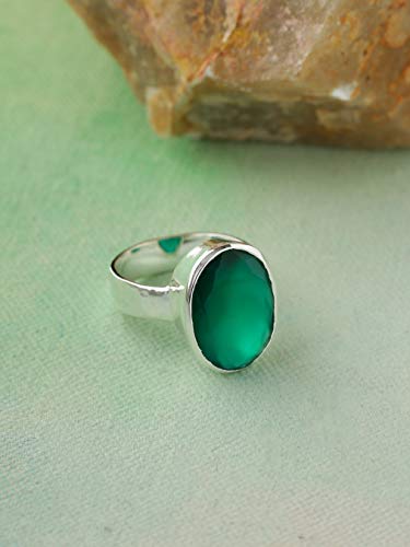 YoTreasure 13x18 MM Green Onyx Solitaire 925 Sterling Silver Hammered Ring