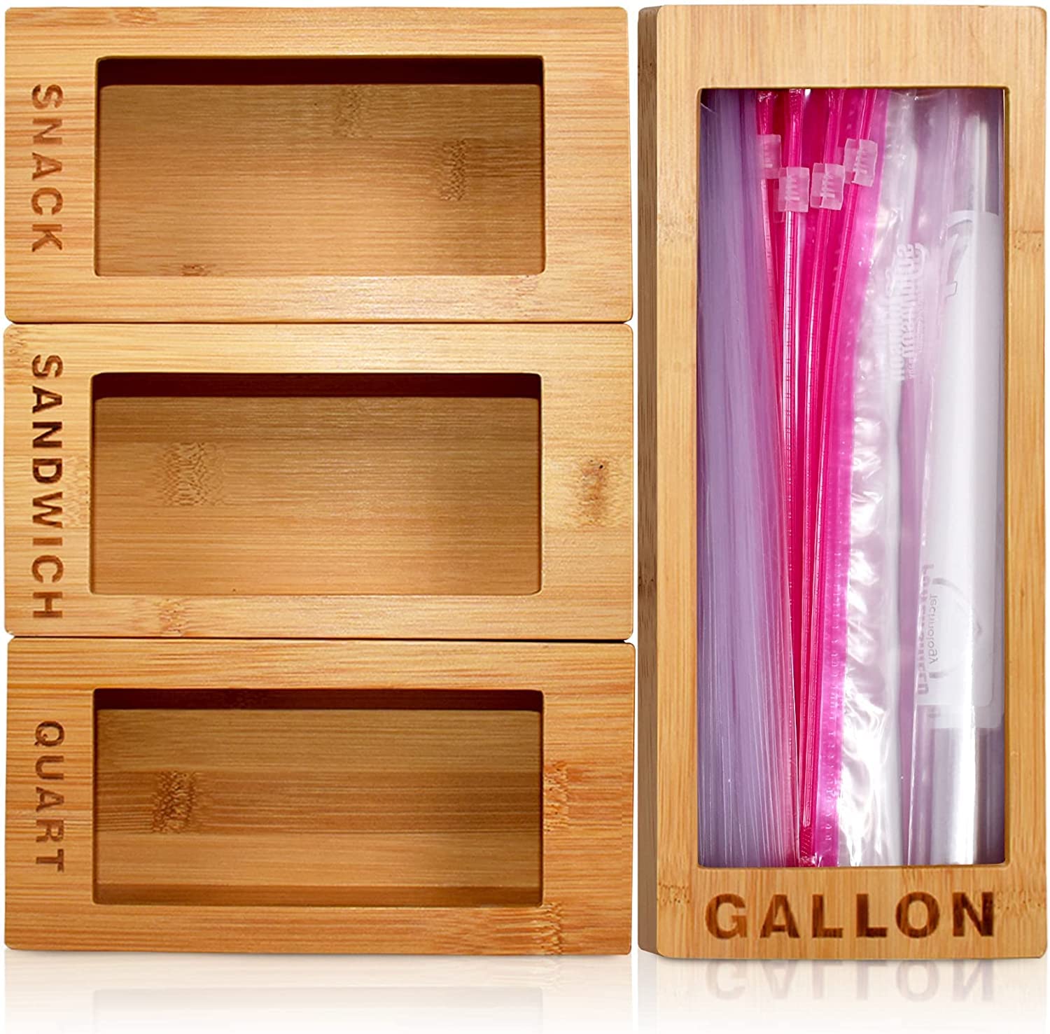 Ziplock Bag Organizer for Kitchen Drawer | Bamboo Food Storage Organizer Set for Ziplock Bags | 4 Pieces: Gallon, Quart, Snack & Sandwich | Compatible with Popular Brands like: Ziplock, Glad,and Hefty