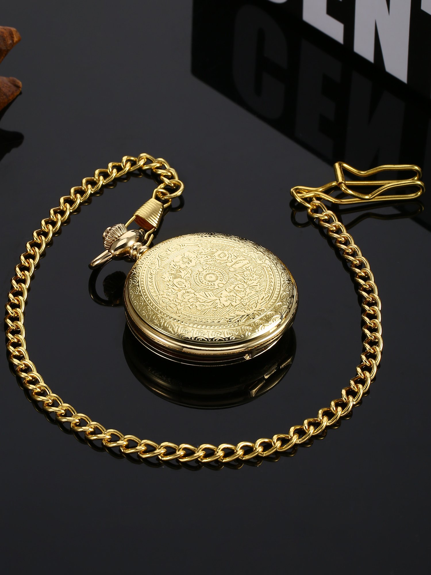 Vintage Pocket Watch Gold Steel Men Watch with Chain for Fathers Day Gift