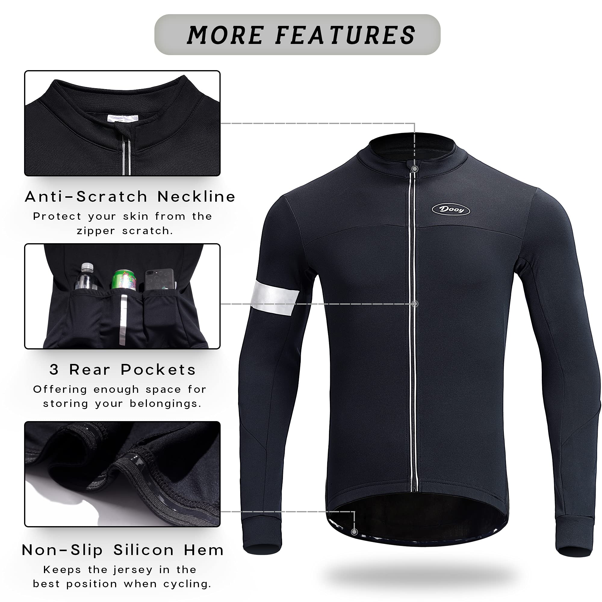 Dooy Men's Winter Thermal Fleece Cycling Bike Jersey Long Sleeve Running Jacket Windproof Breathable Reflective Softshell (Black, 2XL)