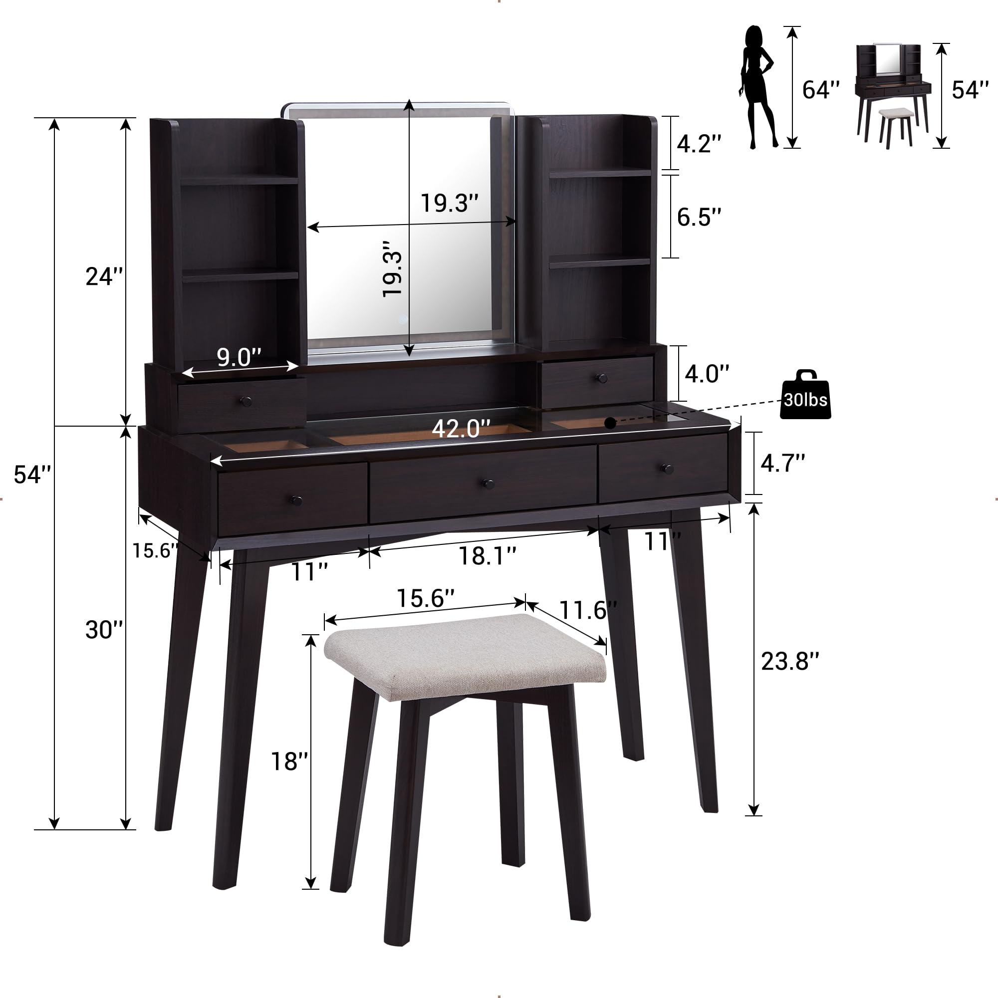 T4TREAM Vanity Desk with Mirror and Lights,Makeup Vanity Table Set with Visual Drawers,Cushioned Stool and 3 Color Lighting Modes,42 inch Dressing Table for Bedroom Women Girls,Espresso