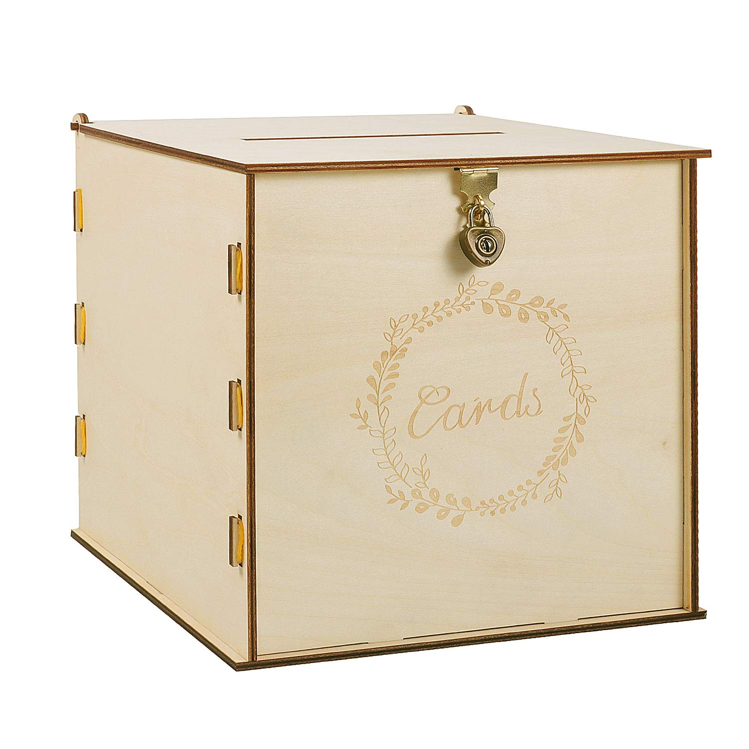 Wooden Wedding Card Box with Security Heart Lock,Rustic Wedding Envelope Box, Decorative Gift Card Box , Perfect for Weddings, Baby Showers, Birthdays, Graduations, 10.2" x 10.2" x 10.2" (Original)