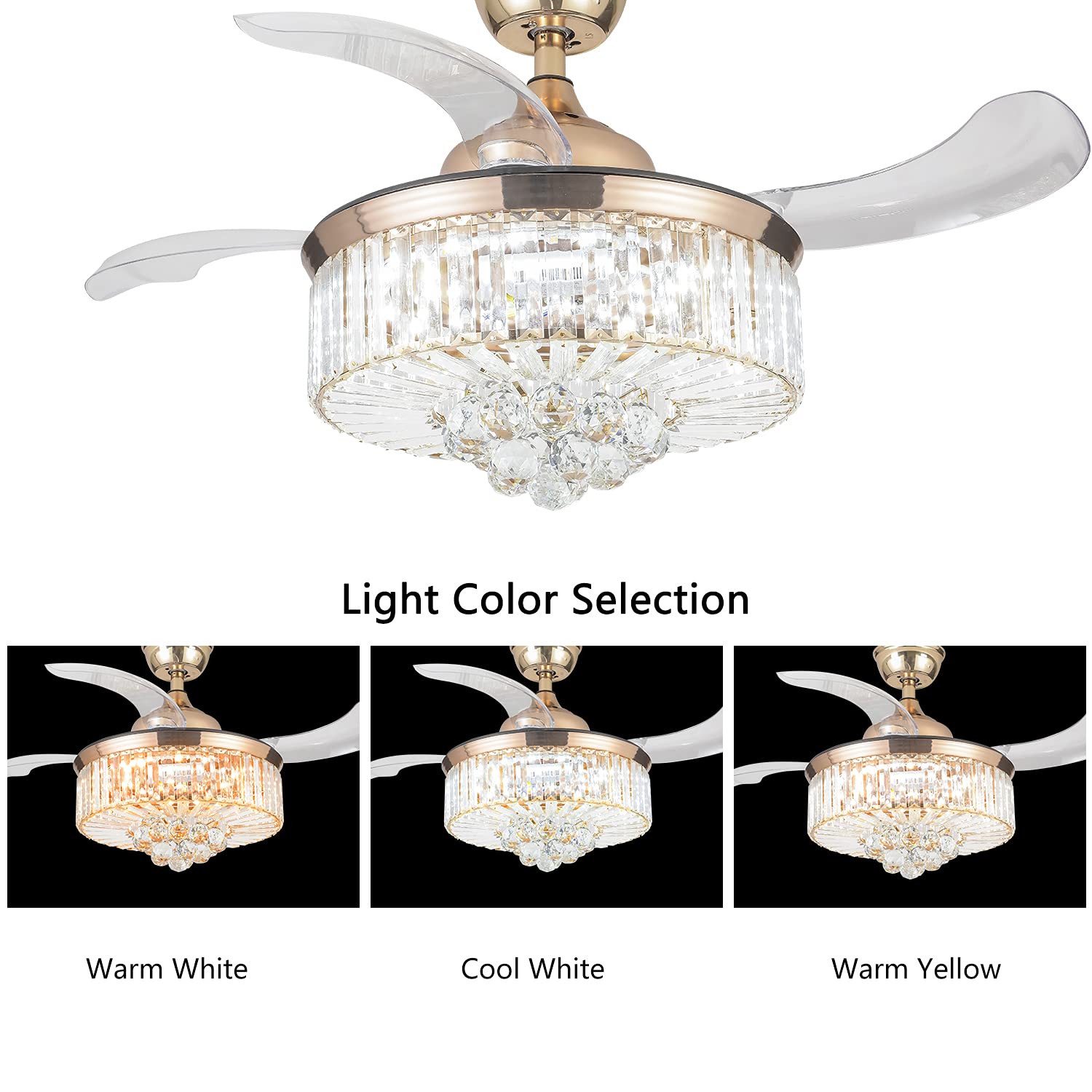 yomay Modern Crystal Chandelier Ceiling Fan with Lights and Remote, Invisible 36 Inch Fandelier LED Light kit with Retractable Blades, Gold