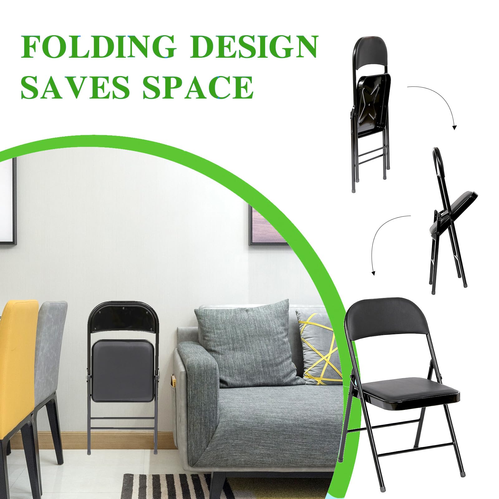 SKONYON Folding Chairs with Padded Seats Black Foldable Chair for Outdoor & Indoor use, 330lbs Capacity (Set of 4)