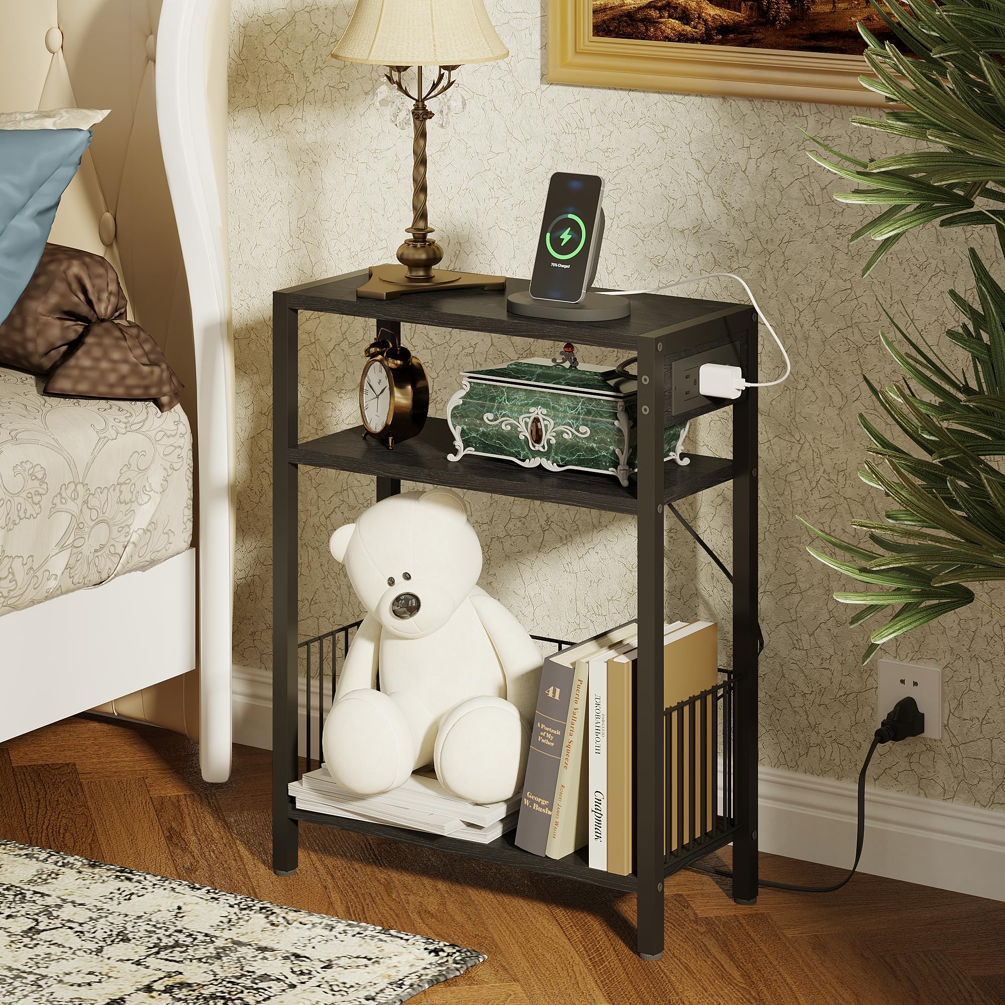 TRIFEBLE End Table with Charging Station, Narrow Side Table with Storage Shelf, Modern Sofa Table for Small Spaces, 3 Tier Nightstand with Steel Wire Basket for Living Room, Bedroom, Rustic Brown