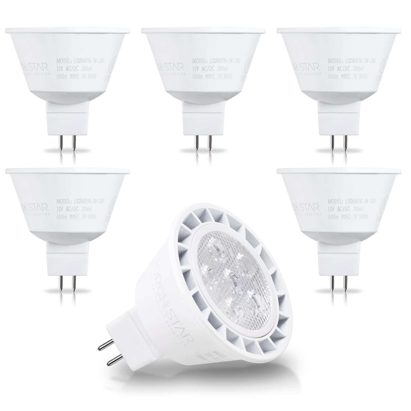 TORCHSTAR MR16 LED Bulb Dimmable, 7W 12V 490LM 50W Equivalent, 5000K Daylight, GU5.3 Bi-Pin Base MR16 LED Spotlight, LED MR16 Light Bulbs for Recessed and Track Lighting, UL & ES Listed, Pack of 6