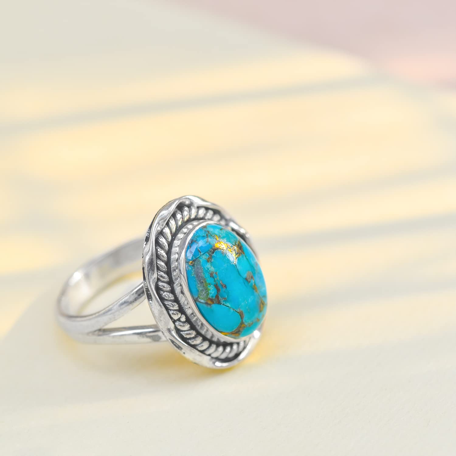 YoTreasure Blue Copper Turquoise Solid 925 Sterling Silver Split Shank Ring
