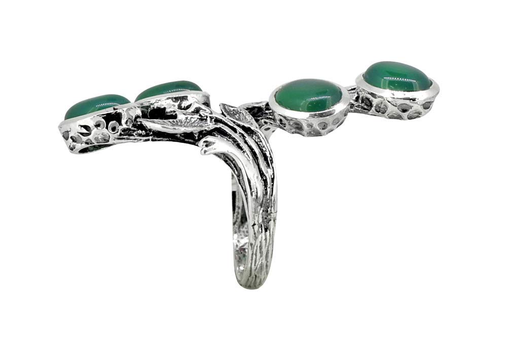 YoTreasure Green Onyx Solid Sterling Silver Innovative Leaf Vine Ring