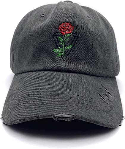 Unisex Baseball Cap Dad Hat Vintage Washed Distressed Cotton Adjustable Rose Embroidered Hat Grey,One Size