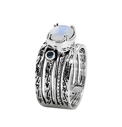 YoTreasure Moonstone London Blue Topaz 925 Sterling Silver Antique Three Stone Ring