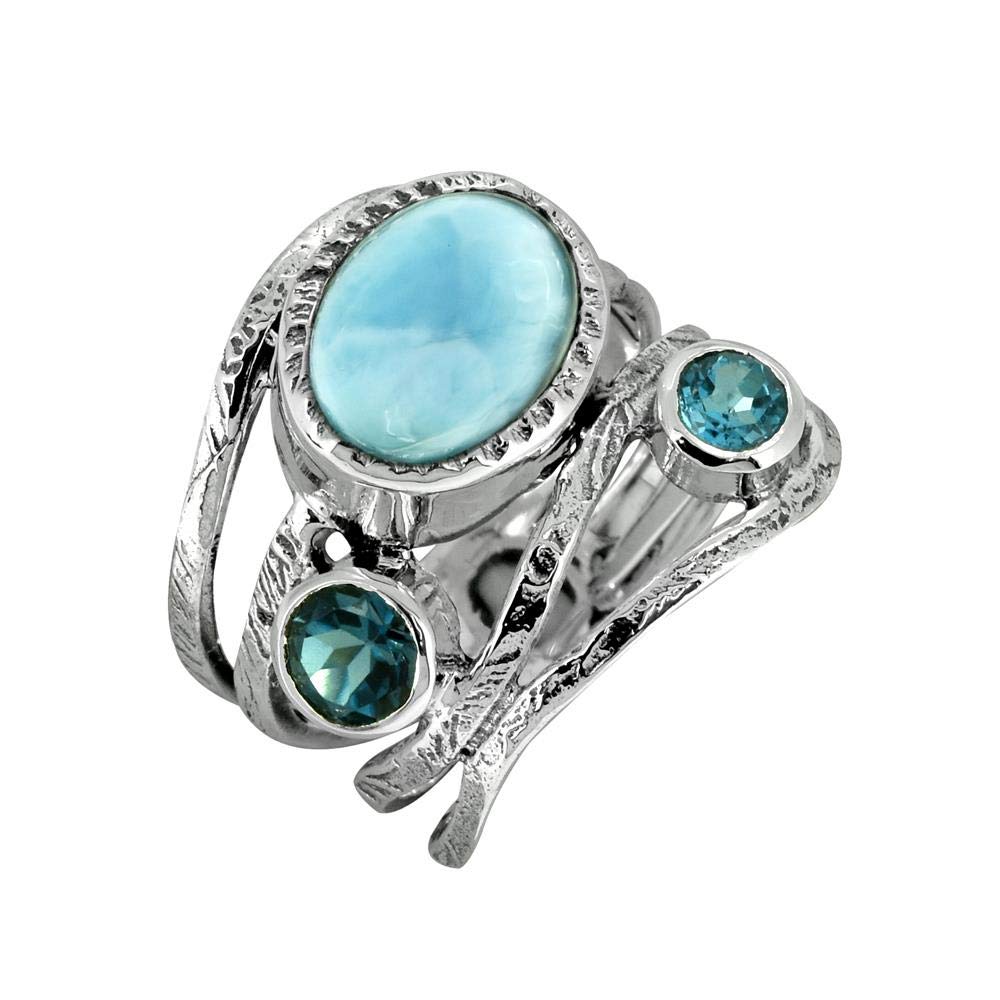 YoTreasure Natural Larimar London Blue Topaz Solid 925 Sterling Silver Designer Bypass Ring Jewelry