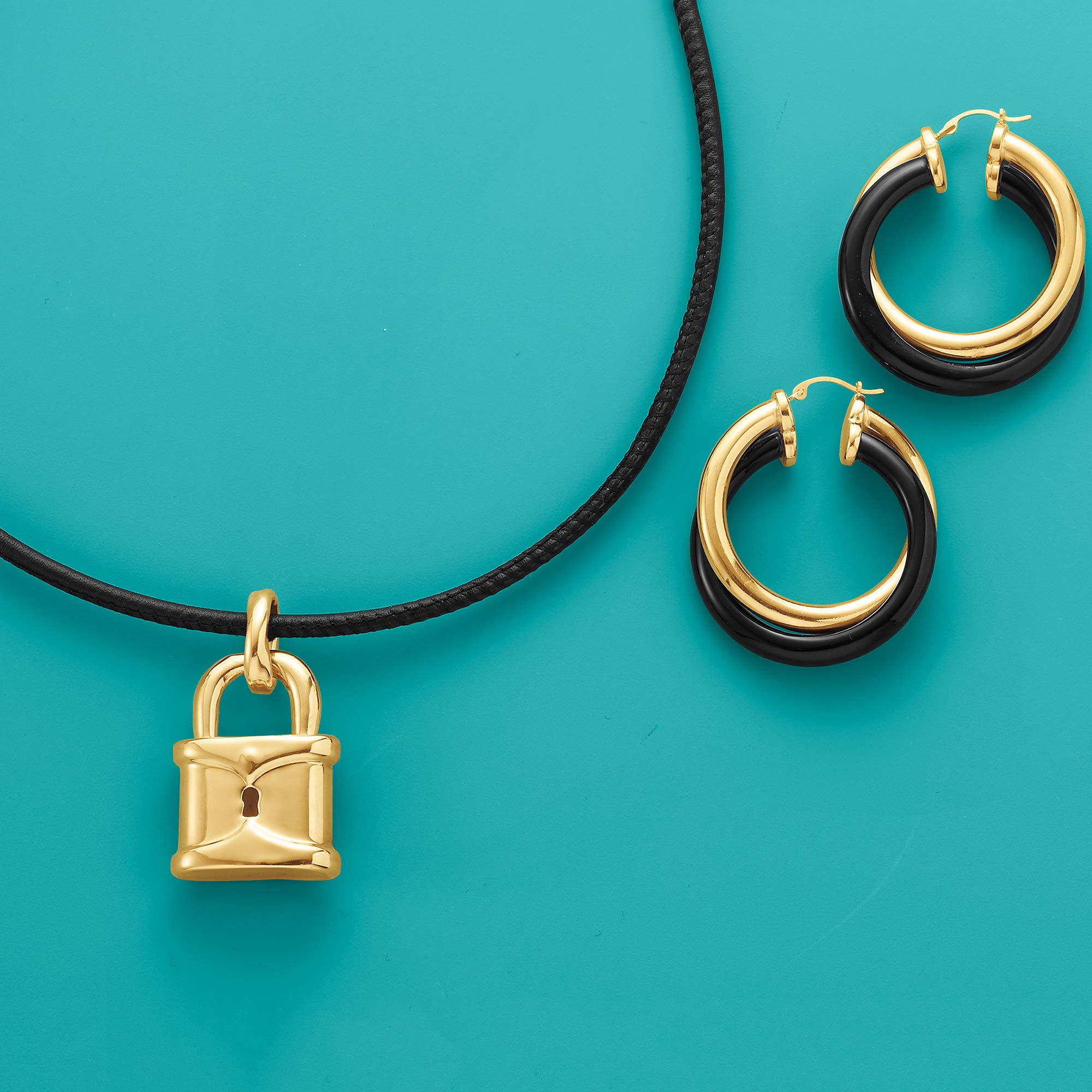 Ross-Simons Andiamo 14kt Yellow Gold and Black Onyx Hoop Earrings